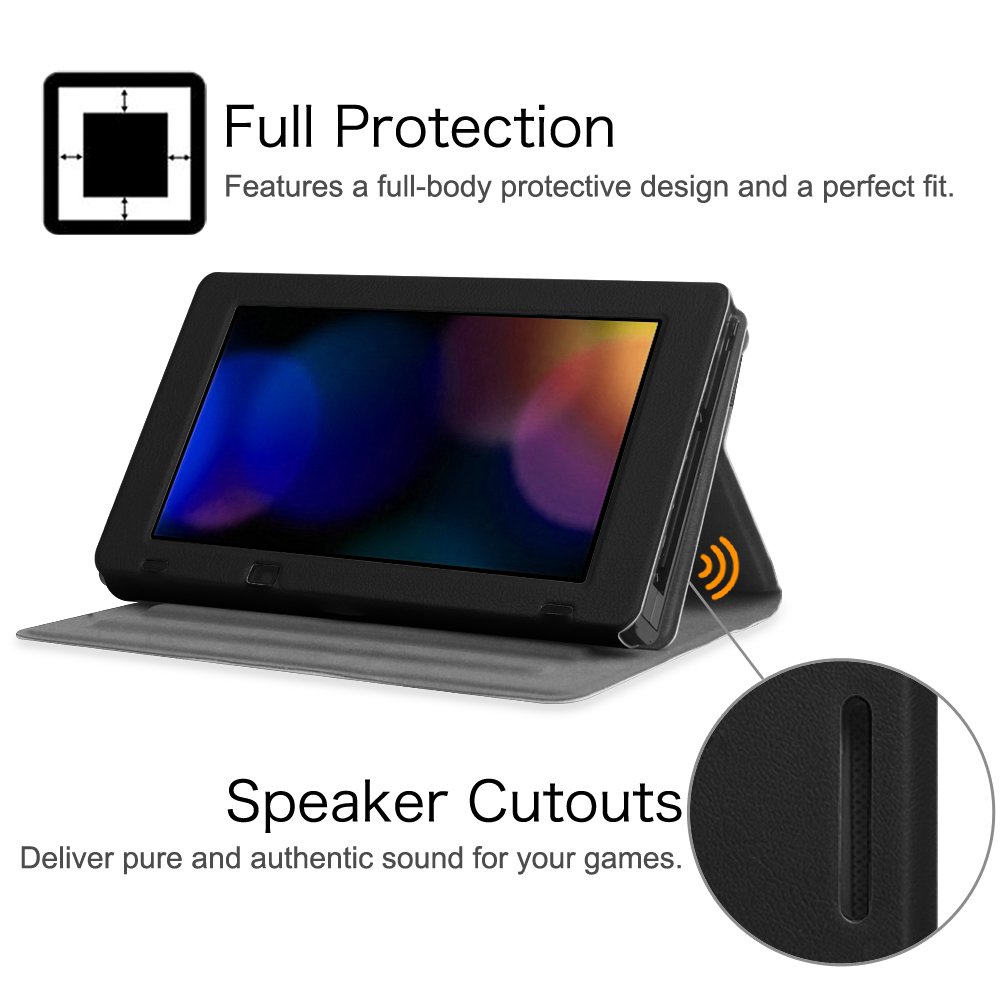 Fintie Protective Case for Nintendo Switch - [Multi-Angle Viewing] Ultra Slim Vegan Leather Play Stand Cover with Elastic Strap for Nintendo Switch 2017 - Black
