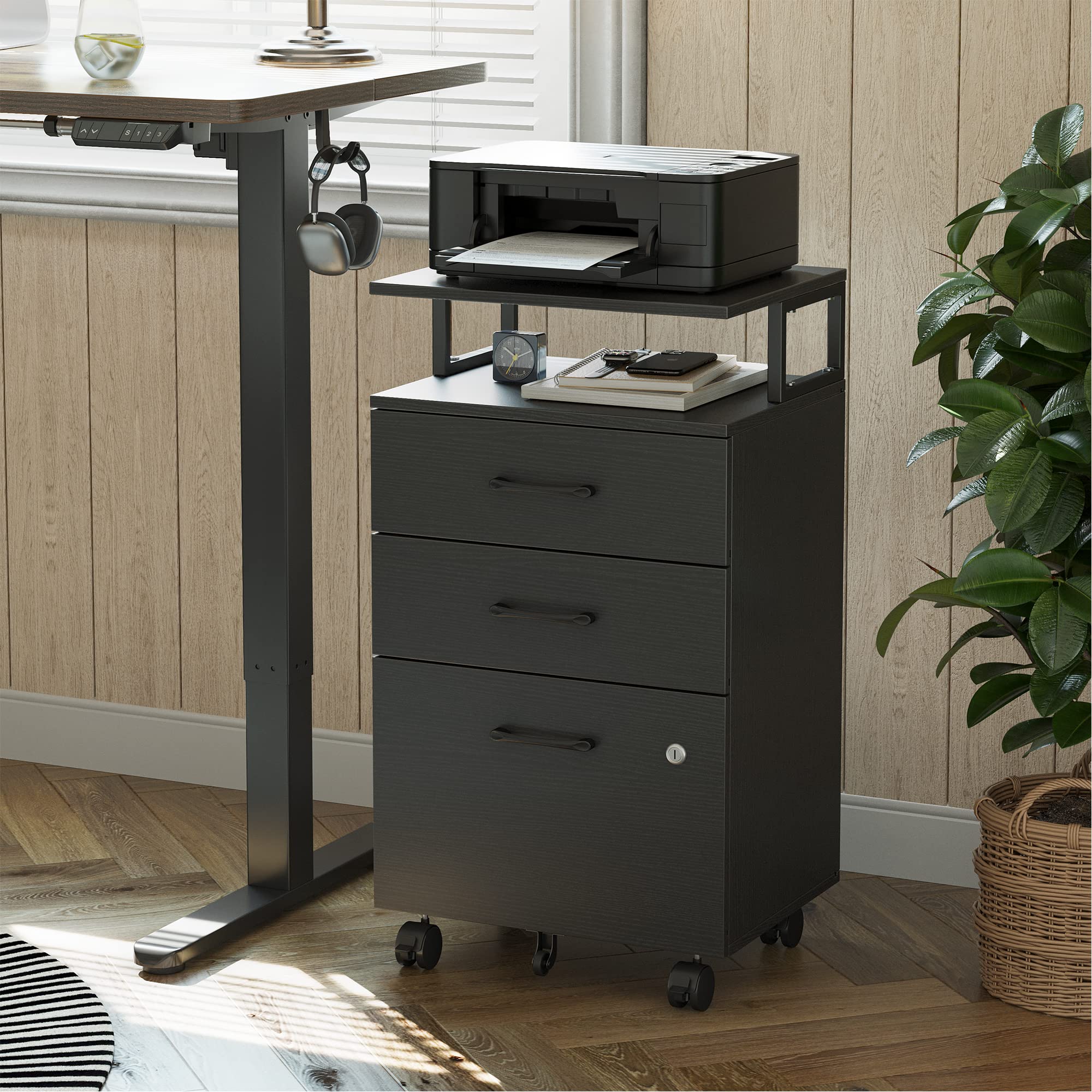 FEZIBO 48 * 24 Inches Height Adjustable Desk with 3-Drawer Rolling Filling Cabinet