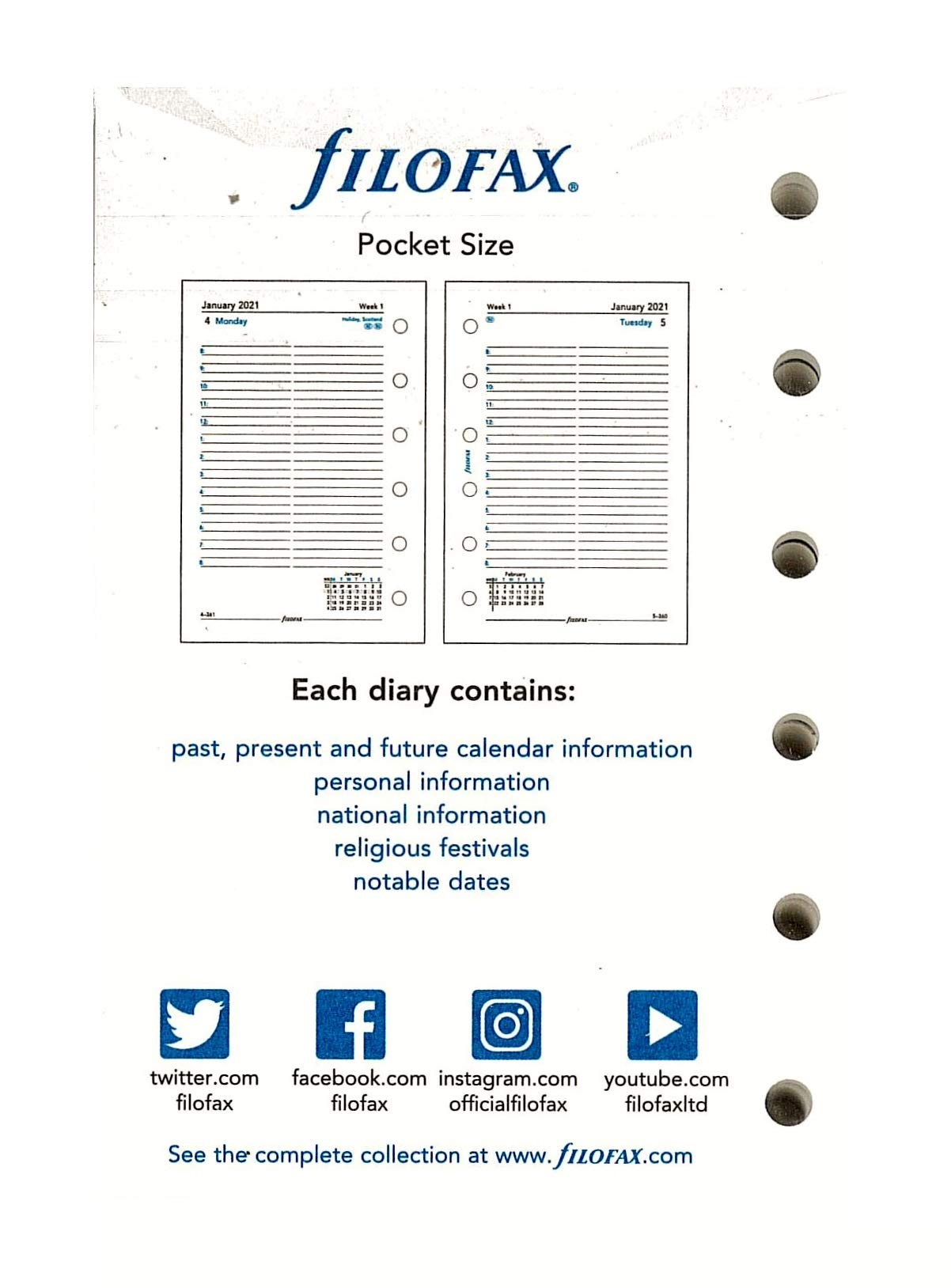 Filofax Replacement White Color Agenda Rings Pocket-Diplomat 2022,Daily Planning English Language 81x120mm., (22-68241)