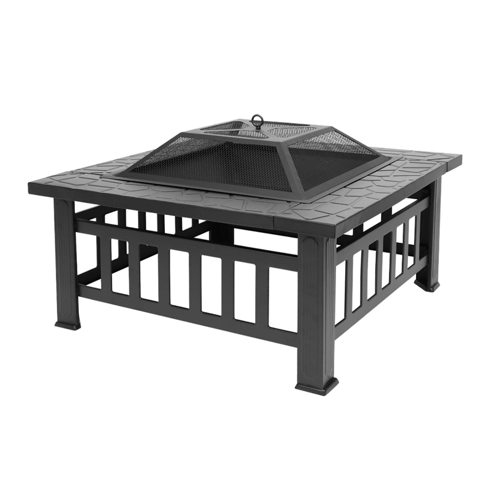 Fire Pit 32'' Wood Burning Firepit Metal Square Outdoor Fire Tables SteelFire Pit Bowl with Spark Screen Cover, Poker Log Grate for Patio Bonfire Camping Backyard Garden Picnic