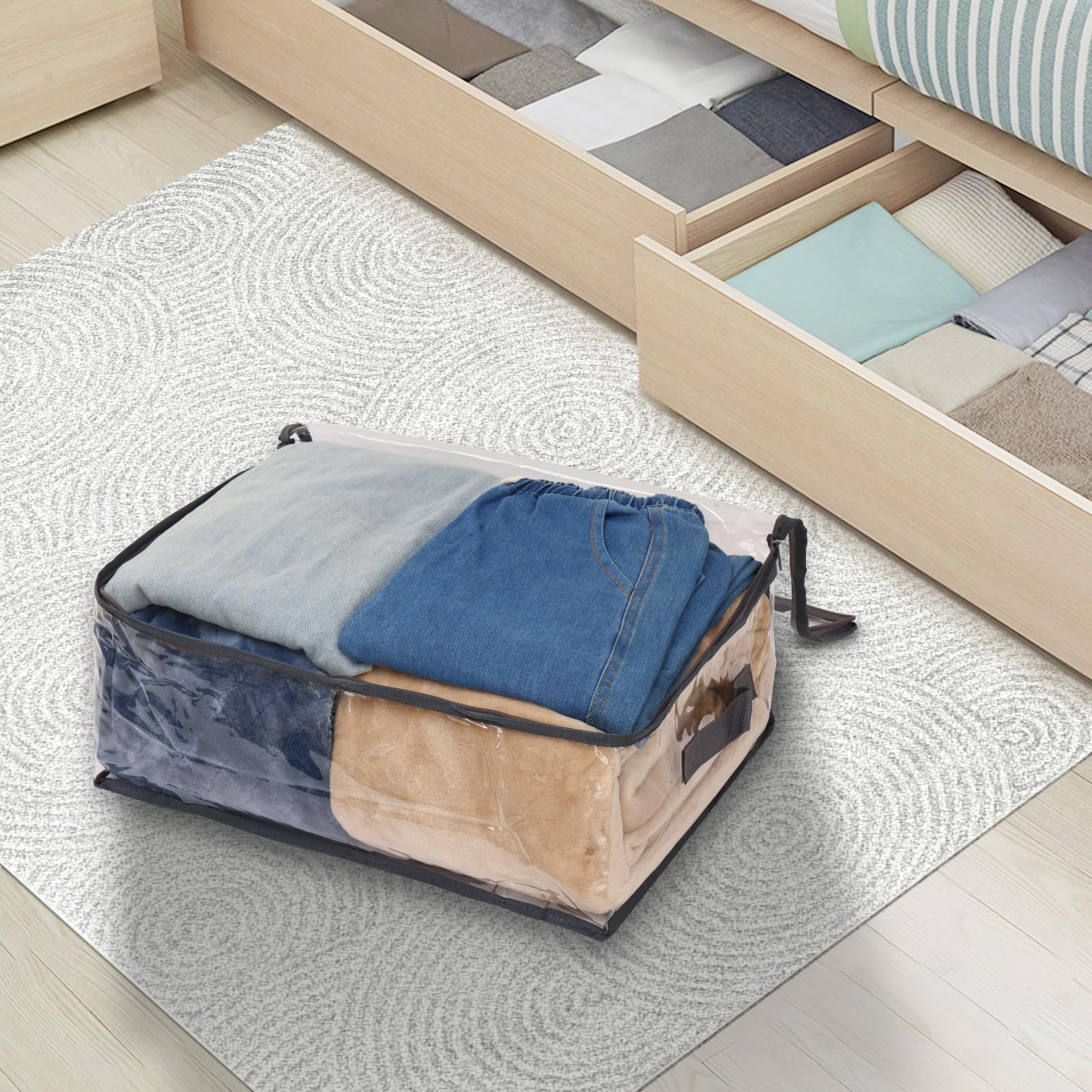 Fixwal 2pcs Clear Clothes Organizer Storage Bags, Foldable Bed Sheet Comforter Storage Bags PVC Organizers with Zipper for Sweaters, Bedding Sets, Closet(35l, 9.5 Gallons)