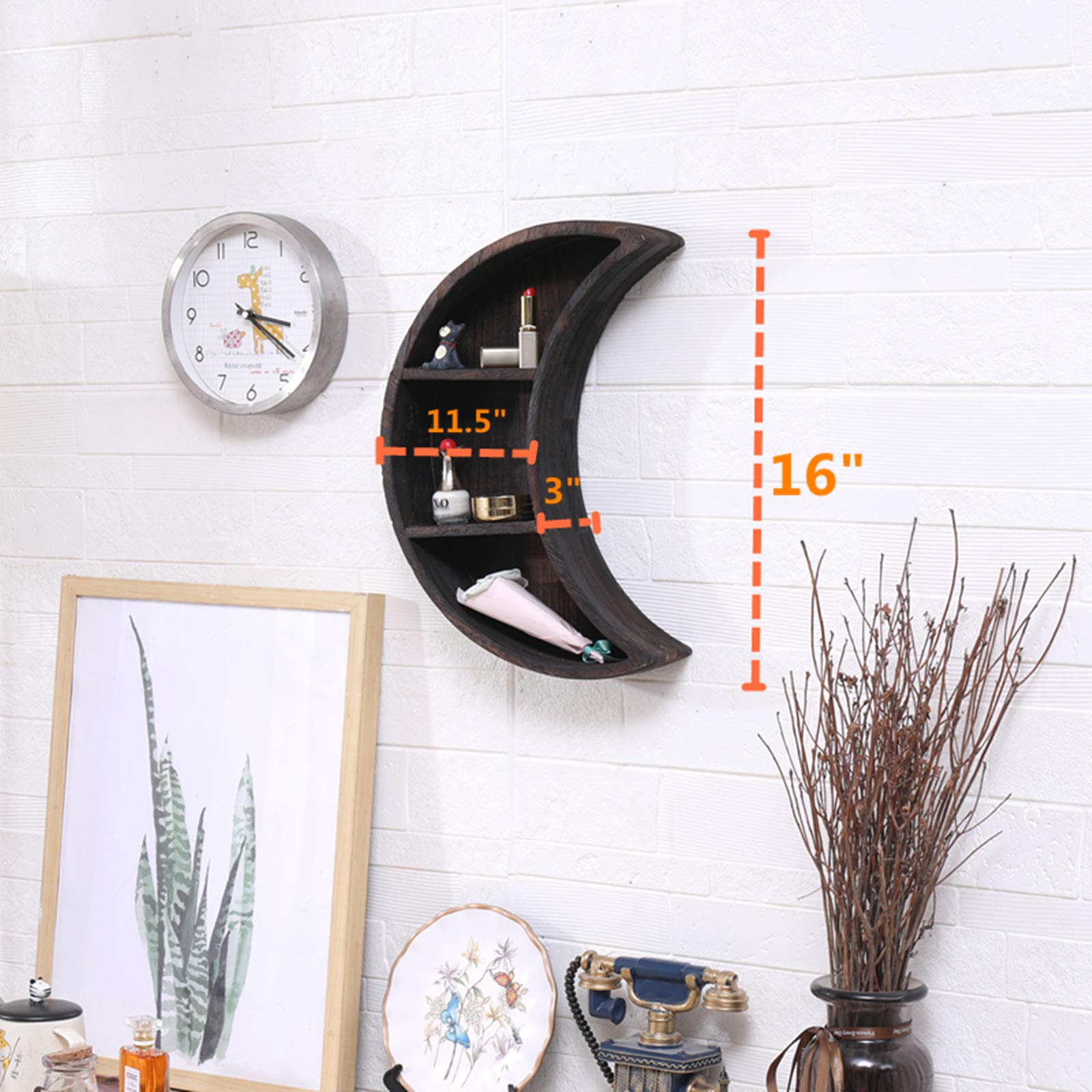 Wall Mounted Moon Shelf-Solid Wood Crystal Shelf,Distressed Antique Finished Storage Holder,Farmhouse Hanging Disaplay Shelves for Living Room,Bedroom(Burnt Color)