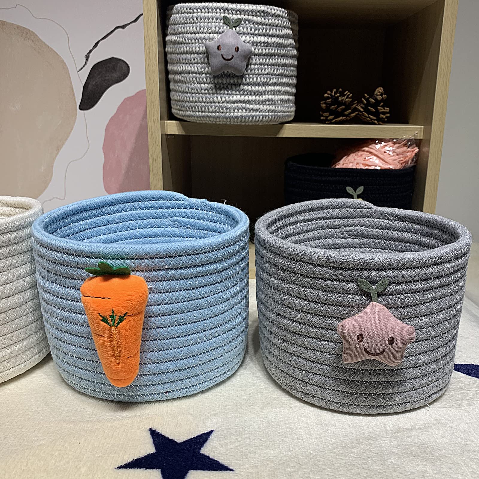 Lovelyduo 3 Pack Baby Boy Gifts Baskets Small Cute Woven Storage Basket for Shelves Mini Organizing Baskets Desk Bedside Table Organizer Bins Cotton Rope Makeup Holder