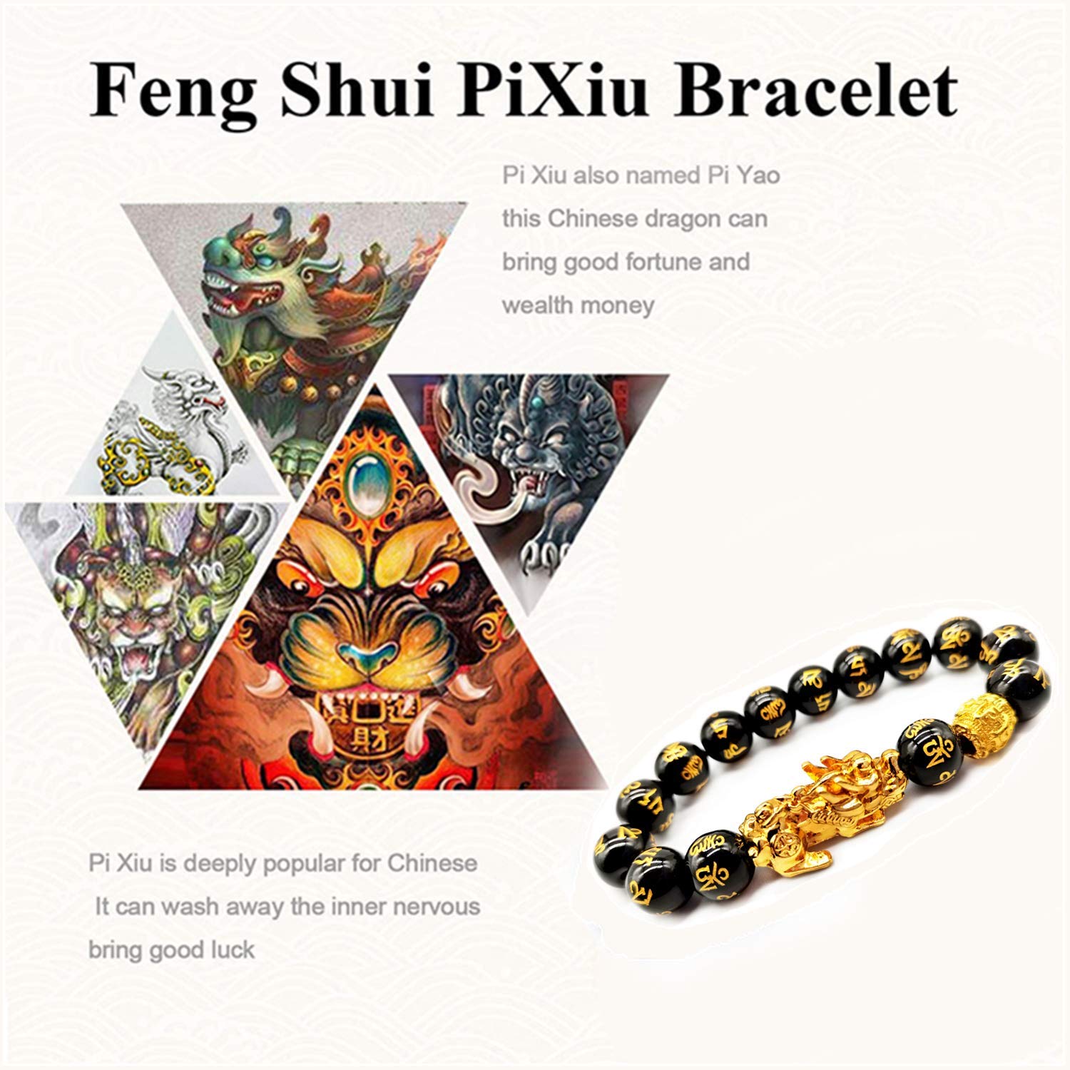 Feng Shui 14mm Black Hand Carved Mantra Beads Bracelet with 1 Golden Pi Xiu/Pi Yao and 1 Golden Mantra Bead Attract Lucky Wealthy
