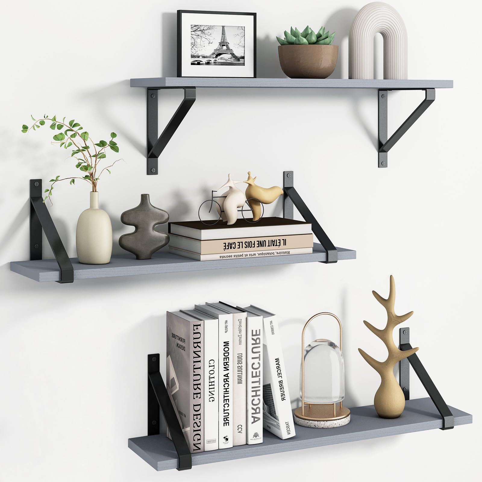 Fixwal Floating Shelves, 36 Inch, Wall Bookshelf, Set of 3, Gray, Large Floating Book Shelves for Wall Decor, Rustic Wood Wall Storage Shelves