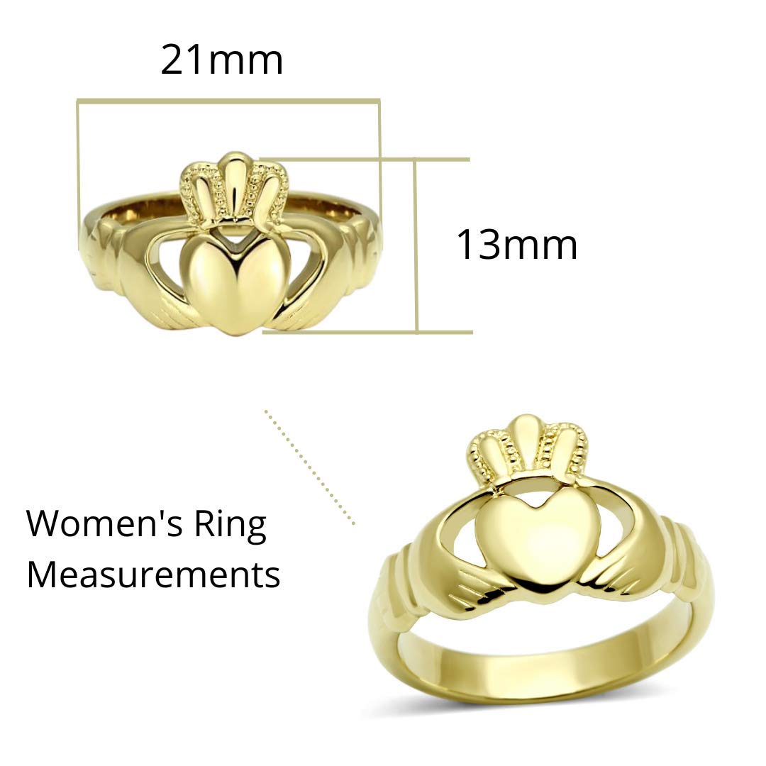 Eternal Sparkles Women's Claddagh Celtic Irish Fashion Comfort Statement Love Ring in 14K Gold Plated Stainless Steel