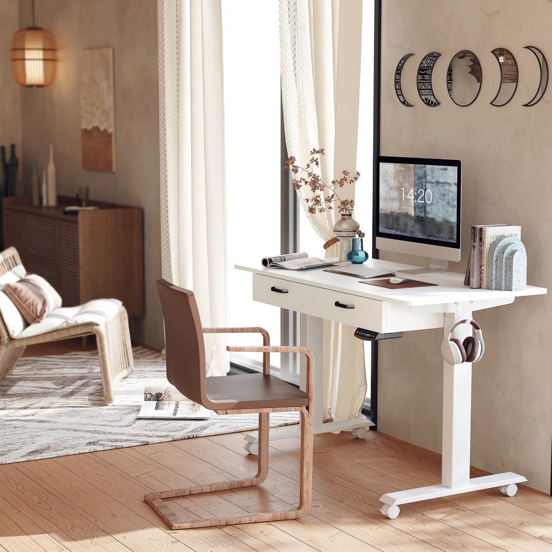 FEZIBO Height Adjustable Desk with 2 Drawers Storage and 3-Drawer Rolling Filing Cabinet