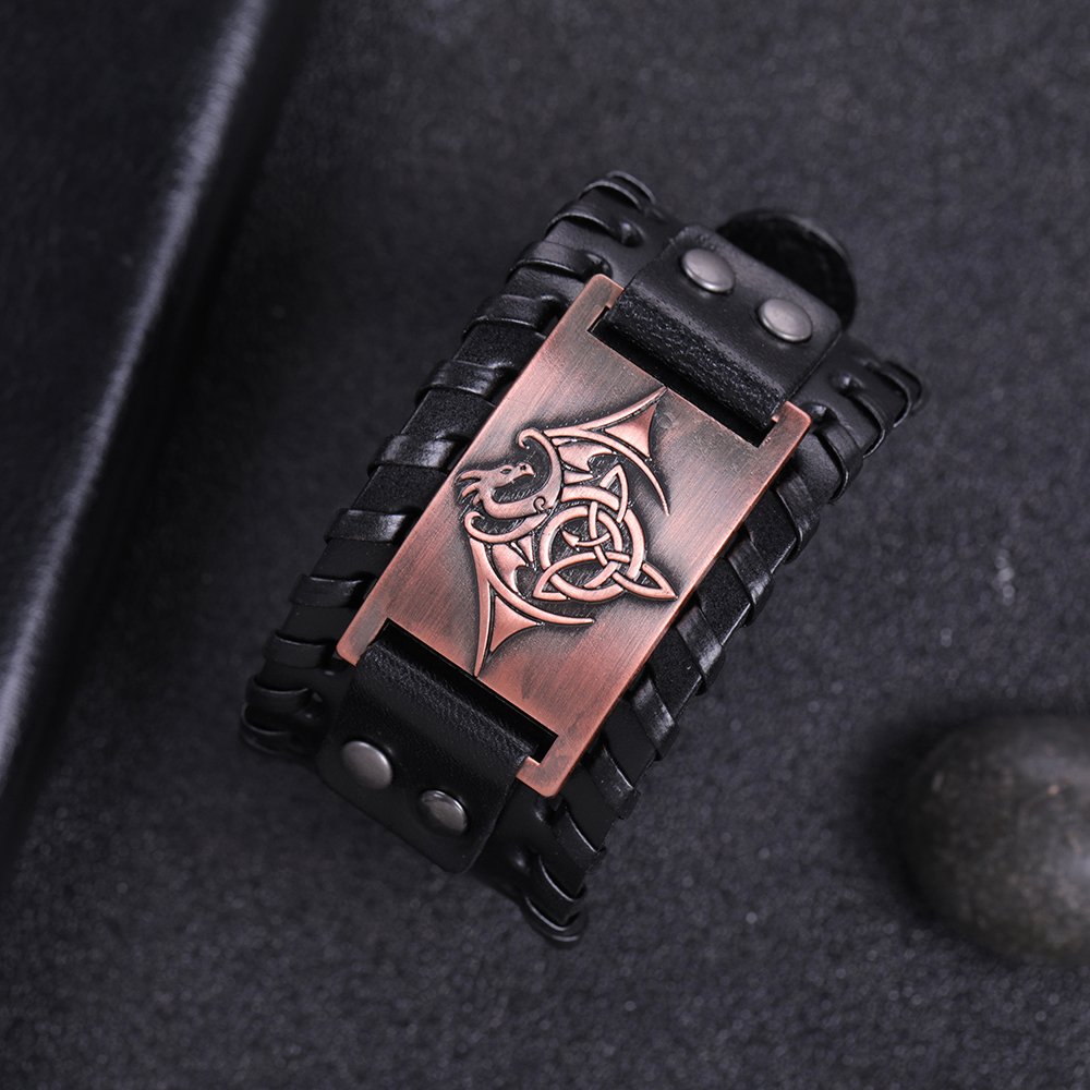 fishhook The Elder Scrolls Dragon Pterosauria Triquetra Pattern Bangle Wide Leather Bracelet (Antique Copper,Black Leather)