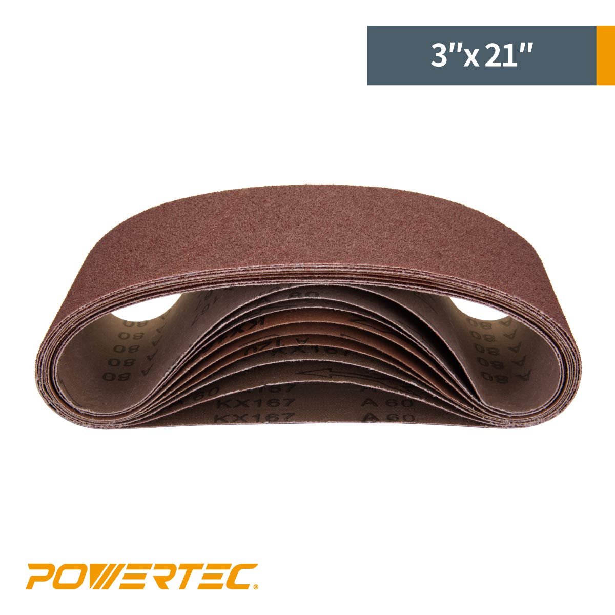 POWERTEC 110470 3 x 21 Inch Sanding Belts, 60 Grit Aluminum Oxide Belt Sander Sanding Belt for Portable Belt Sander, Wood & Paint Sanding, Metal Polishing, 10PK
