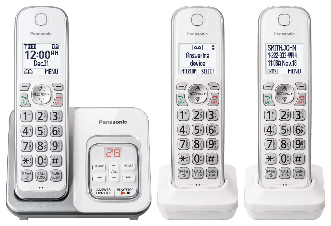 Panasonic Expandable Cordless Phone System with Answering Machine and Call Block - 3 Cordless Handsets & Additional Cordless Phone Handset for use with KX-TGD63x Series Cordless Phone Systems