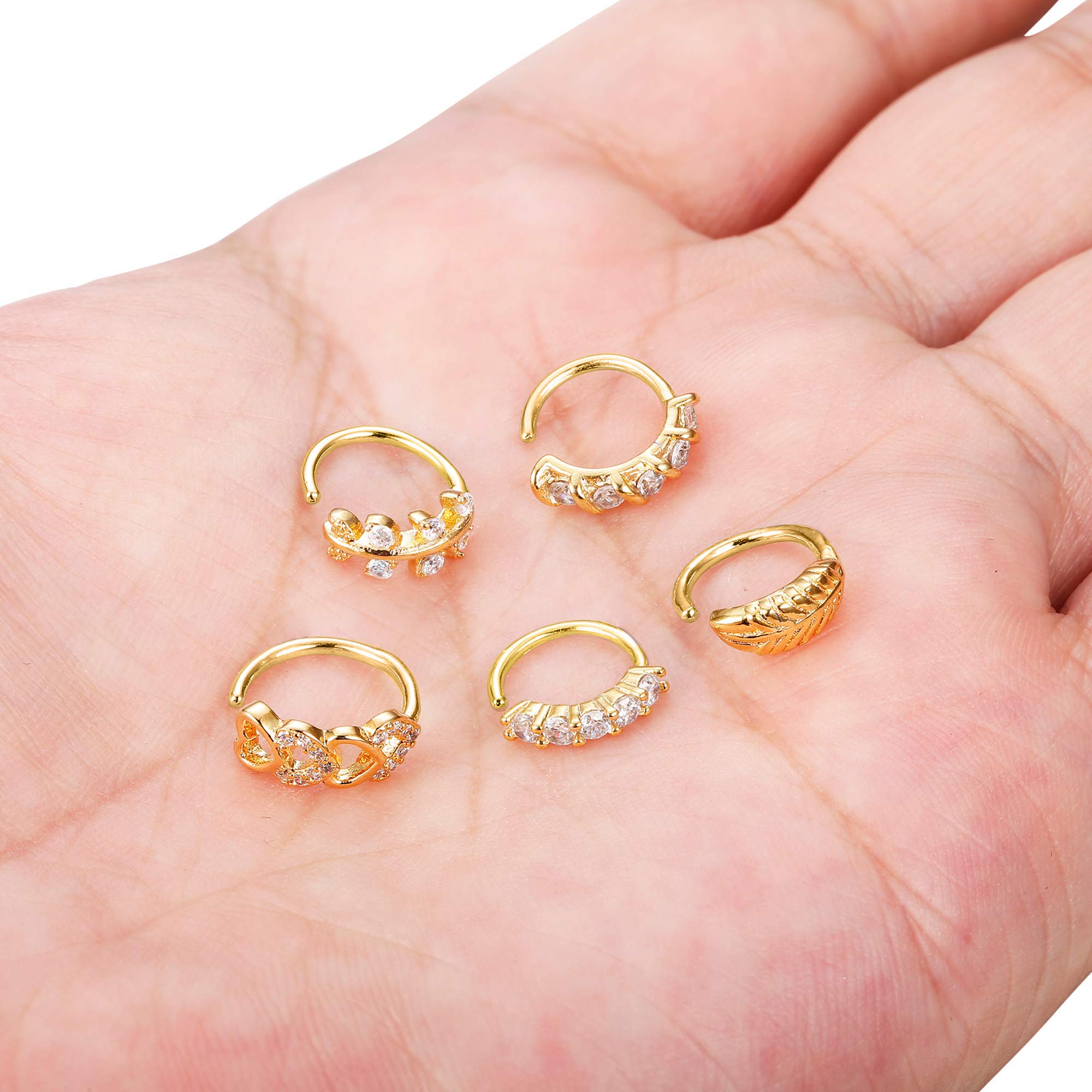 FINREZIO 5 Pcs 20G Gold Plated Stainless Steel Nose Ring Hoop Paved CZ Crawler Cartilage Earring Ear Piercing Jewelry 8mm