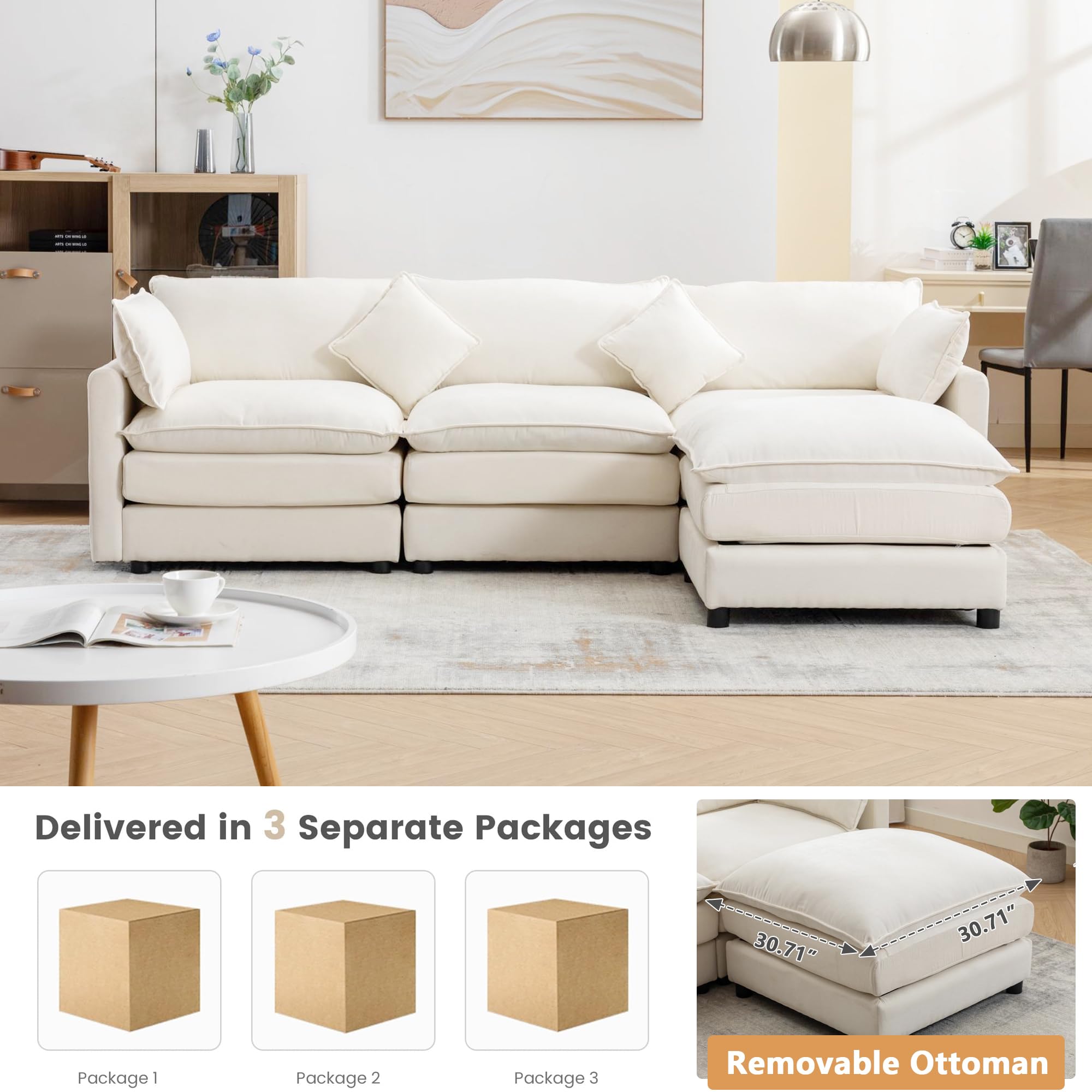 Setawix Modular Sectional Sofa Set for Living Room, Chenille L Shaped Sofa with Movable Ottoman, Modern Comfy Cloud Couch with Throw and Arm Pillows, Deep 3-Seater Sofa Couches for Apartment, Orange
