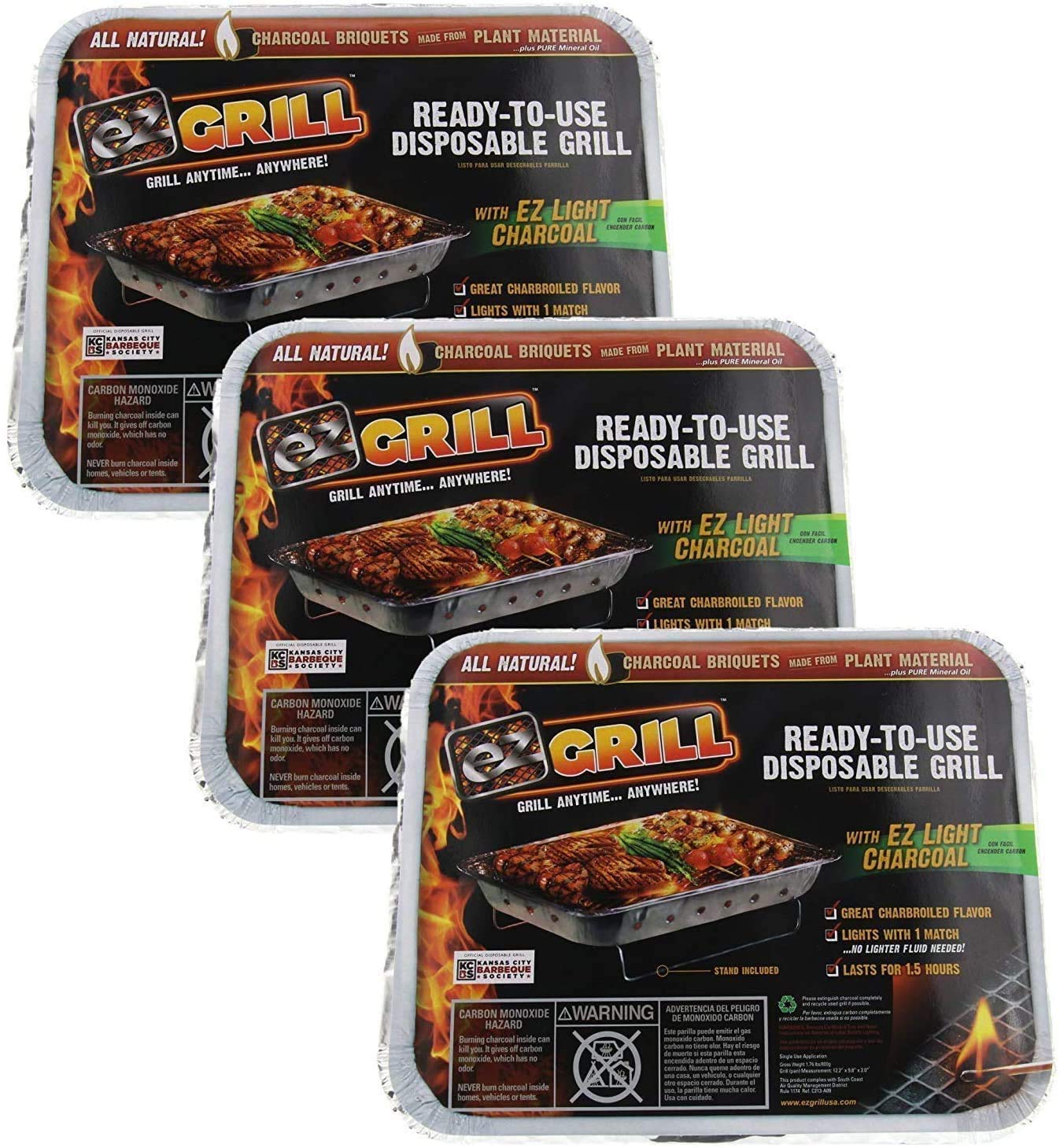 EZGRILL Disposable Charcoal Grill Ideal for Camping and Tailgate Parties -Pack of 3 Standard size Portable, Easy To Light, and Convenient charcoal grill Lasts 1.5 hours Grill Anytime, Anywhere