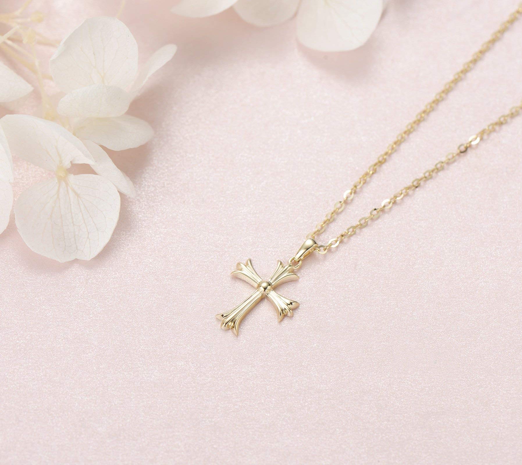 FANCIME SOLID REAL 14K Yellow Gold SMALL TINY Little Cute Embossed Cross Crucifix Delicate Necklace Dainty Pendant Fine Jewelry For Women, With 16+2" Solid Gold Cable Chain