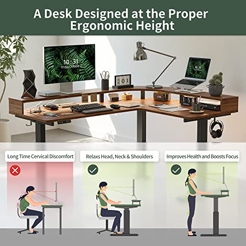 FEZIBO Triple Motor L Shaped Stadning Desk with LED Strip & Power Outrlets,63 inches Height Adjustable Stand up Corner Desk with Ergonomic Monitor Stand, Black Frame/Black Walnut Top