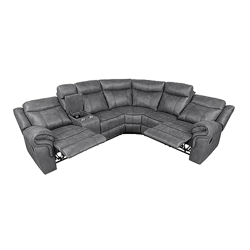 Evedy Manual Sectional, Oversized Recliner Sofas Seating with Cup Holder,Hide-Away Storage,2 USB Ports and 2 Power Sockets,for Home Theater,Living Room Furniture Set-Grey