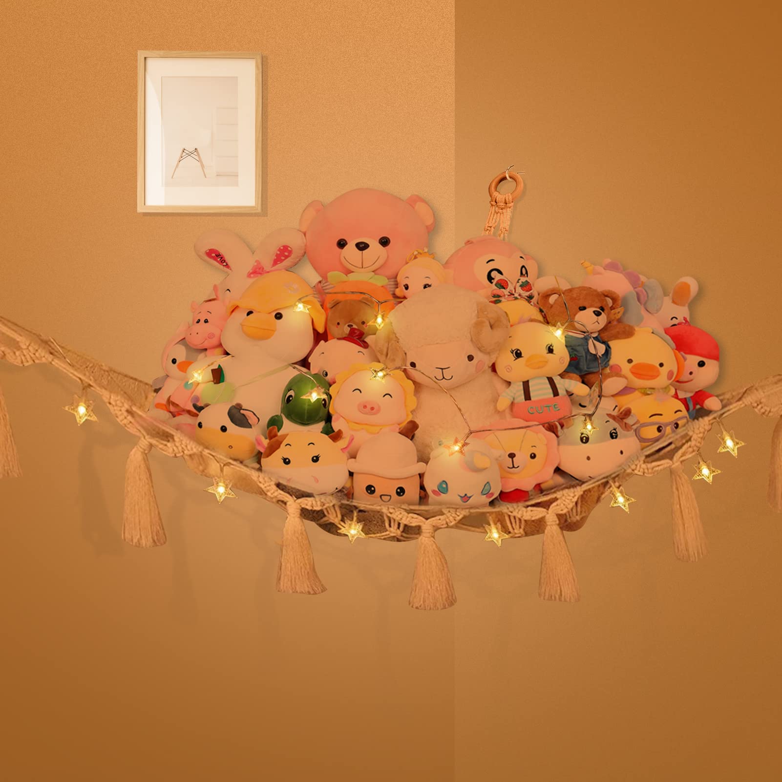 Stuffed Animal Hammock, 41inch Hand-Woven Toy Hammock Boho Tassel Macrame with Star Light String Corner Hanging Organizer Storage Plush Toys Net Holder for Nursery Play Room Kids Bedroom Decoration