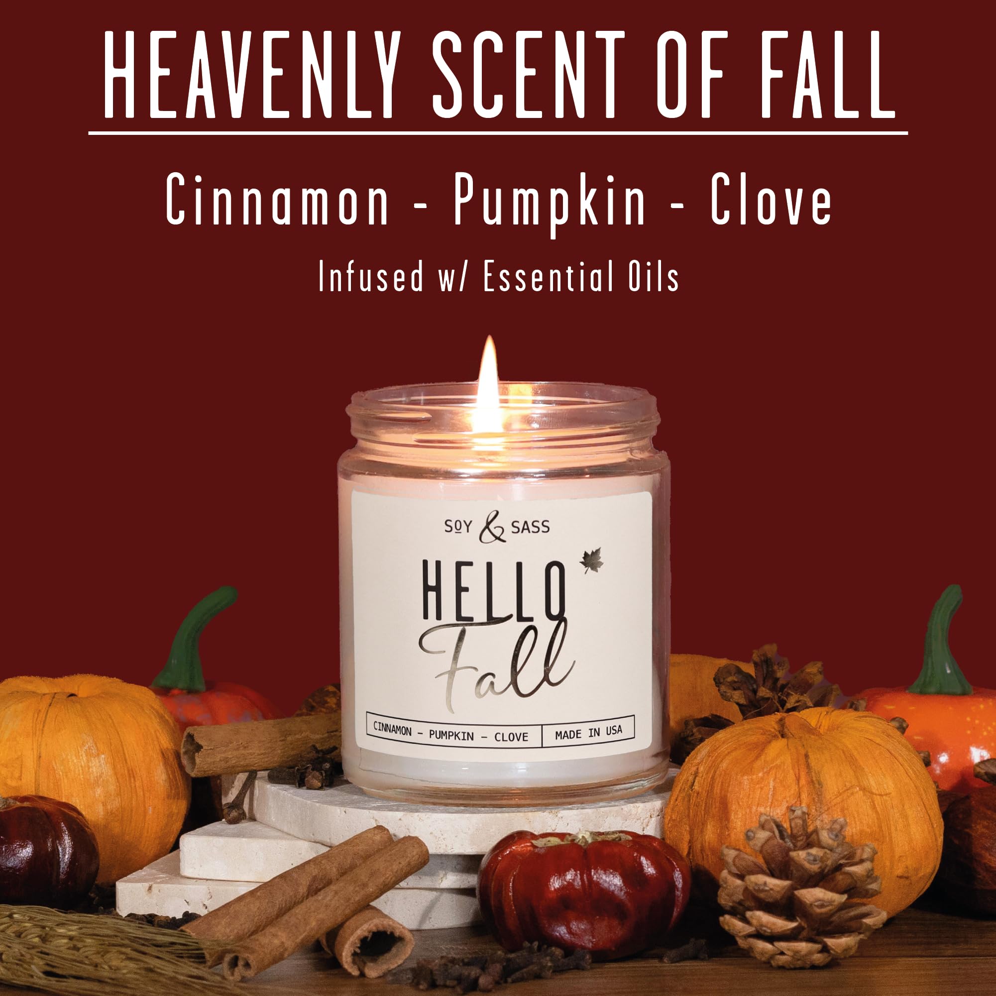 Fall Candles - 'Hello Fall' Fall Candle w/Cinnamon, Spice & Pumpkin Candle I Infused with Essential Oils I Autumn Fall Scented Candles I Pumpkin Spice Candle I 9oz Jar I 50Hr Burn I Made in USA