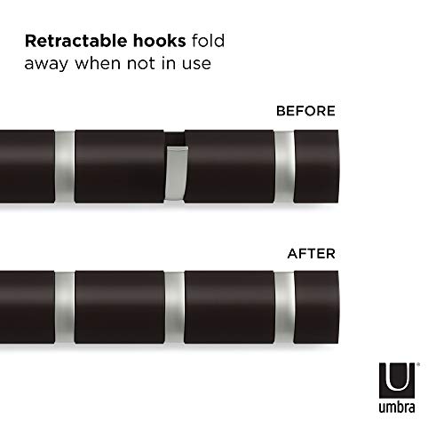 Umbra Flip Wall Mounted Floating Rack – Modern, Sleek, Space-Saving Hanger with Retractable Hooks to Hang Coats, Scarves, Purses and More, 8, Espresso