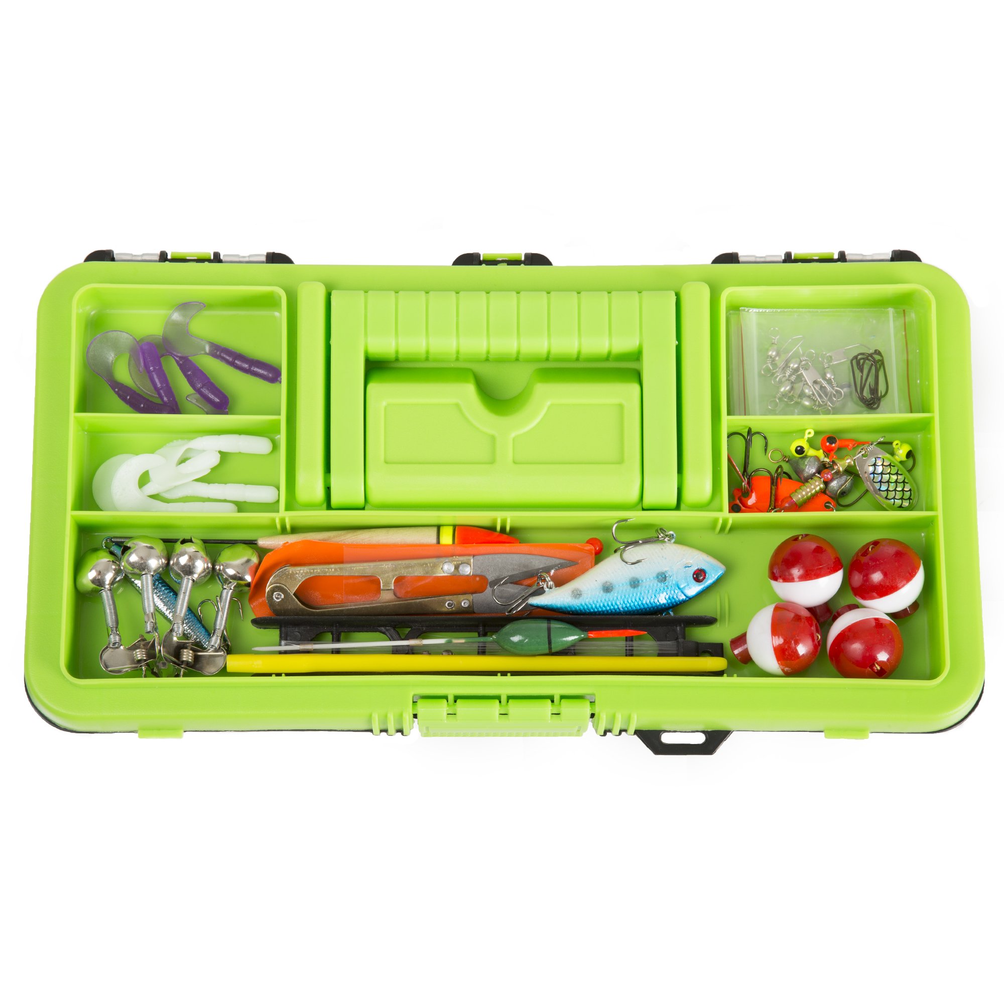 Fishing Single Tray Tackle Box- 55 Piece Tackle Gear Kit Includes Sinkers, Hooks Lures Bobbers Swivels and Fishing Line By Wakeman Outdoors Lime Green