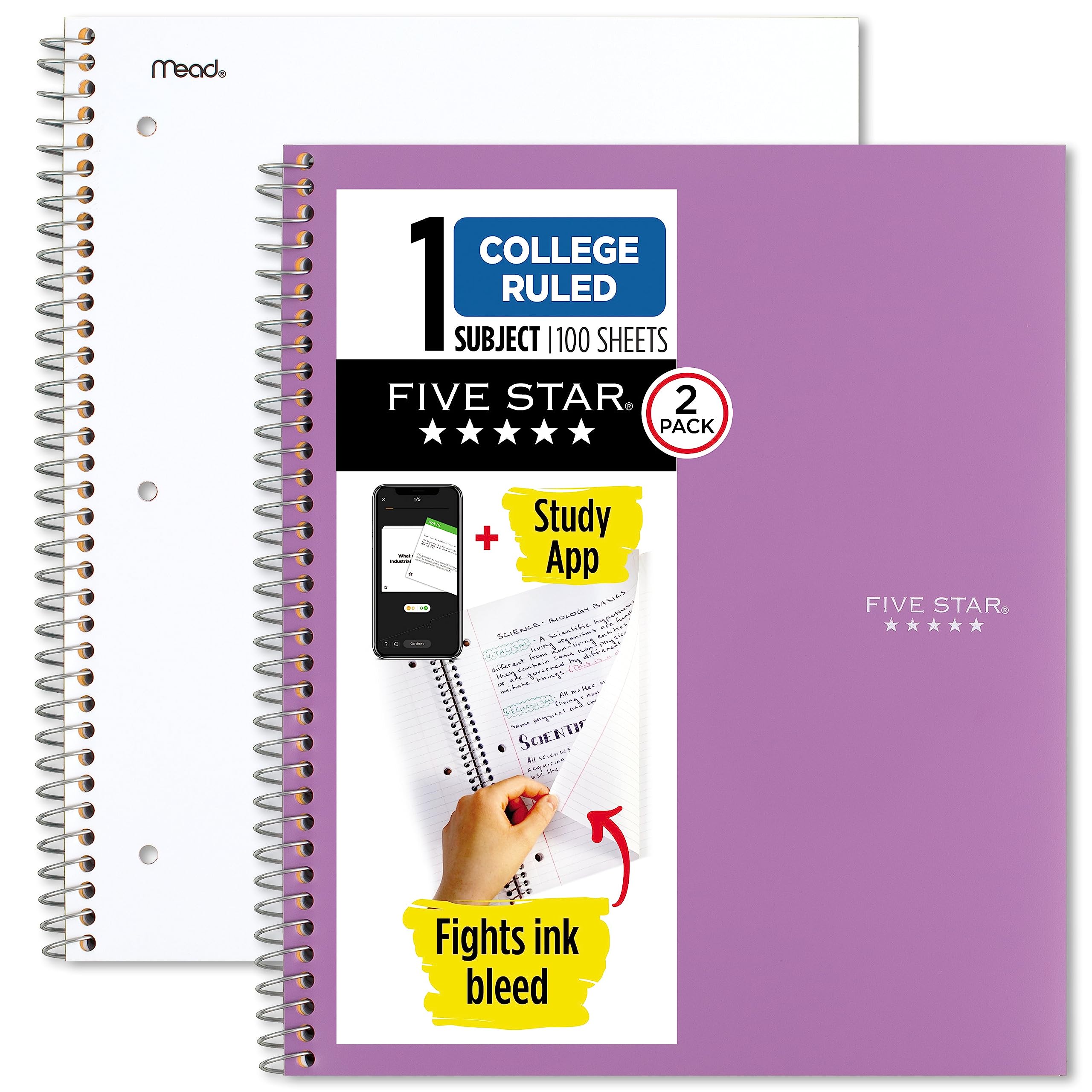 Five Star Spiral Notebooks + Study App, 2 Pack, 1 Subject, College Ruled Paper, 200 Sheets, 11" x 8-1/2", White, Amethyst Purple (820186-ECM)