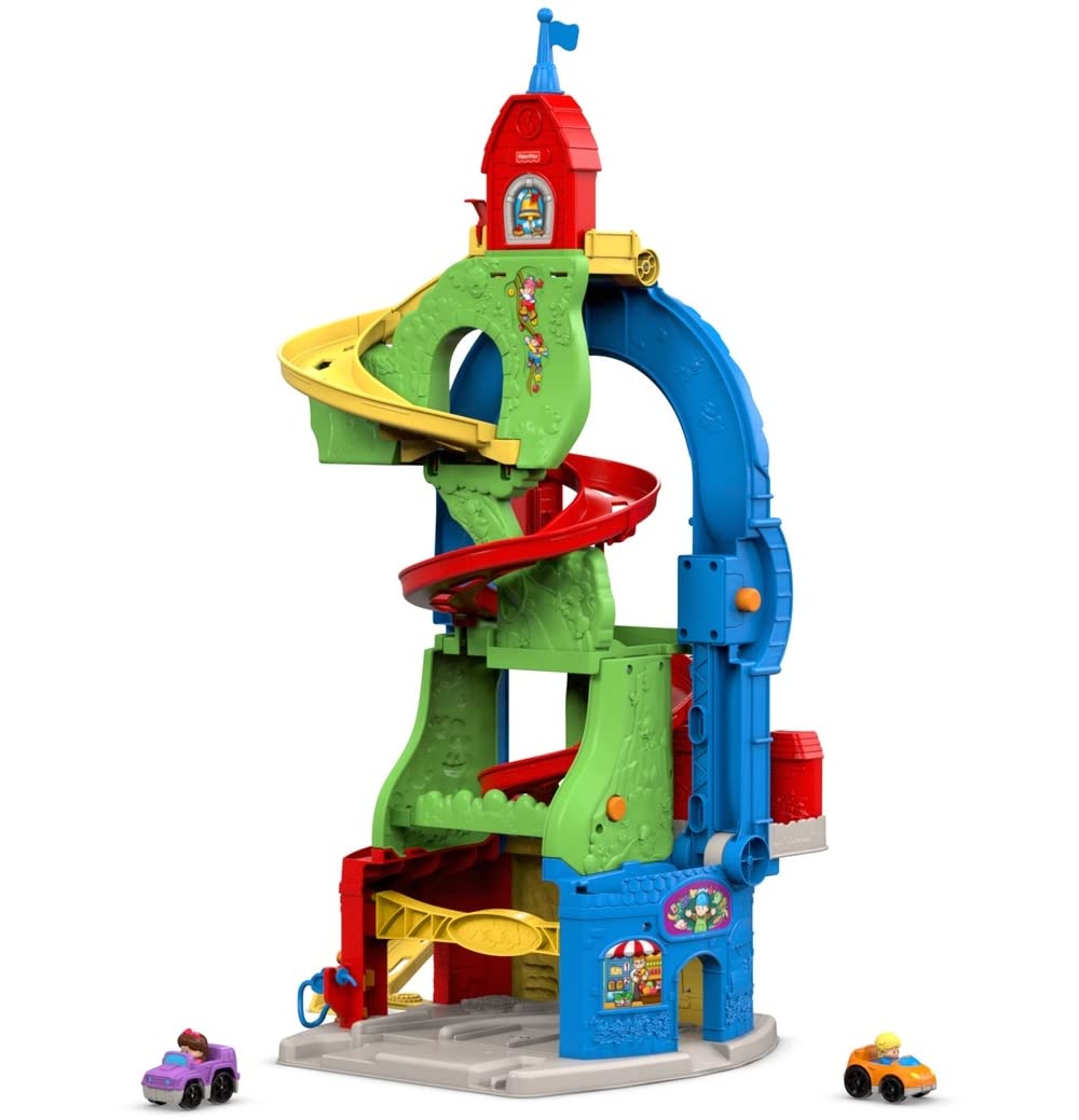 Fisher-Price Little People Toddler Race Track Playset Sit ‘n Stand Skyway, 34+ Inches Tall, 2 Toy Cars for Ages 18+ Months