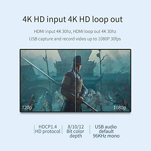 eKL USB Game Video Capture Card Supports 4k@30Hz Input and Loop Output, 1080p@30FPS for Live Stream