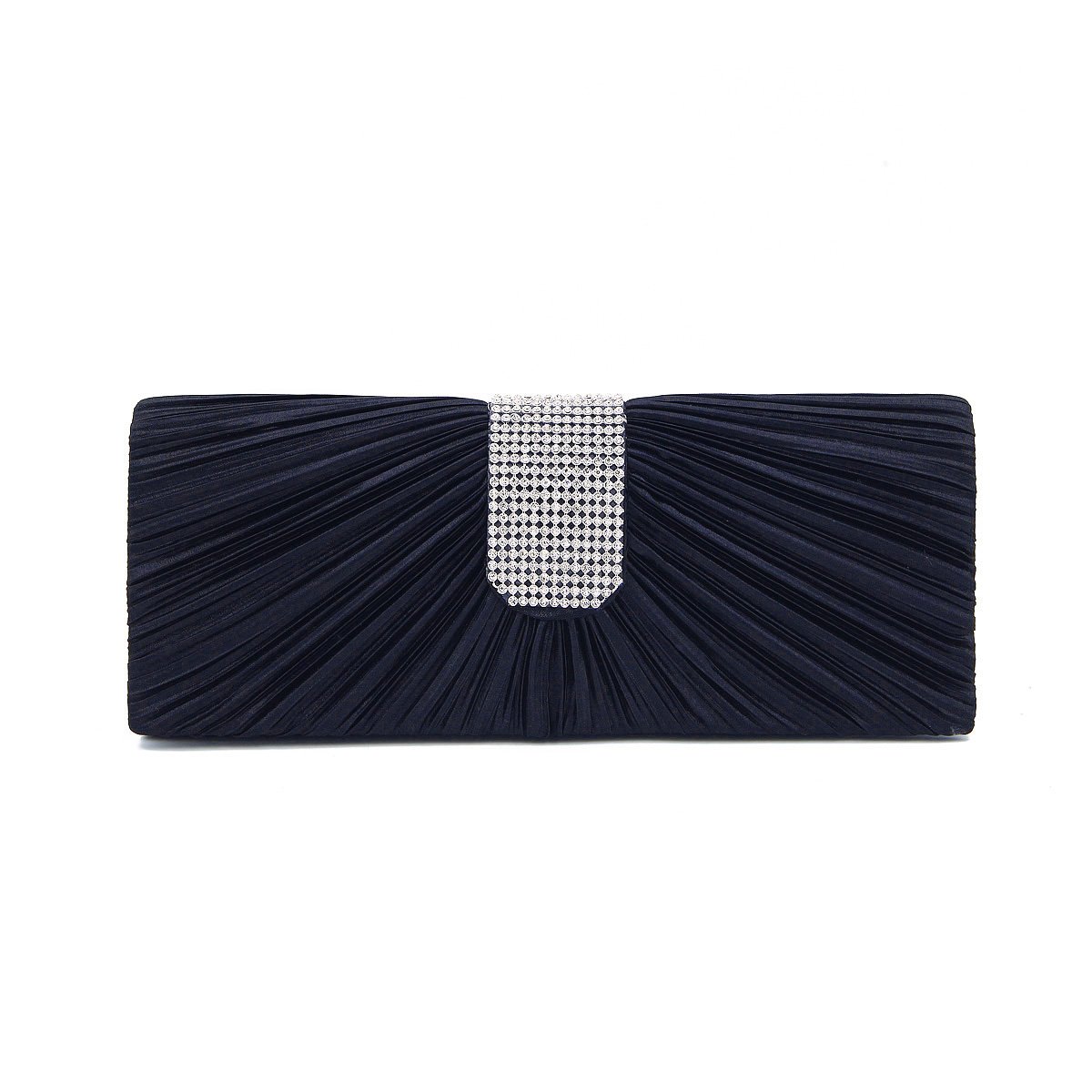 Elegant Classic Pleated Satin Flap Rhinestones Clutch Evening Bag, Silver