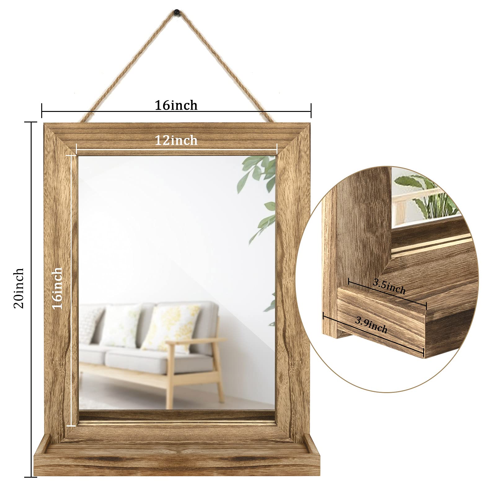 Emfogo Wall Mirror with Shelf, 20 x 16 inch Farmhouse Decor Wall Mirror Hanging for Bathroom, Vanity, Bedroom, Entryway, Living Room (Rustic Brown)
