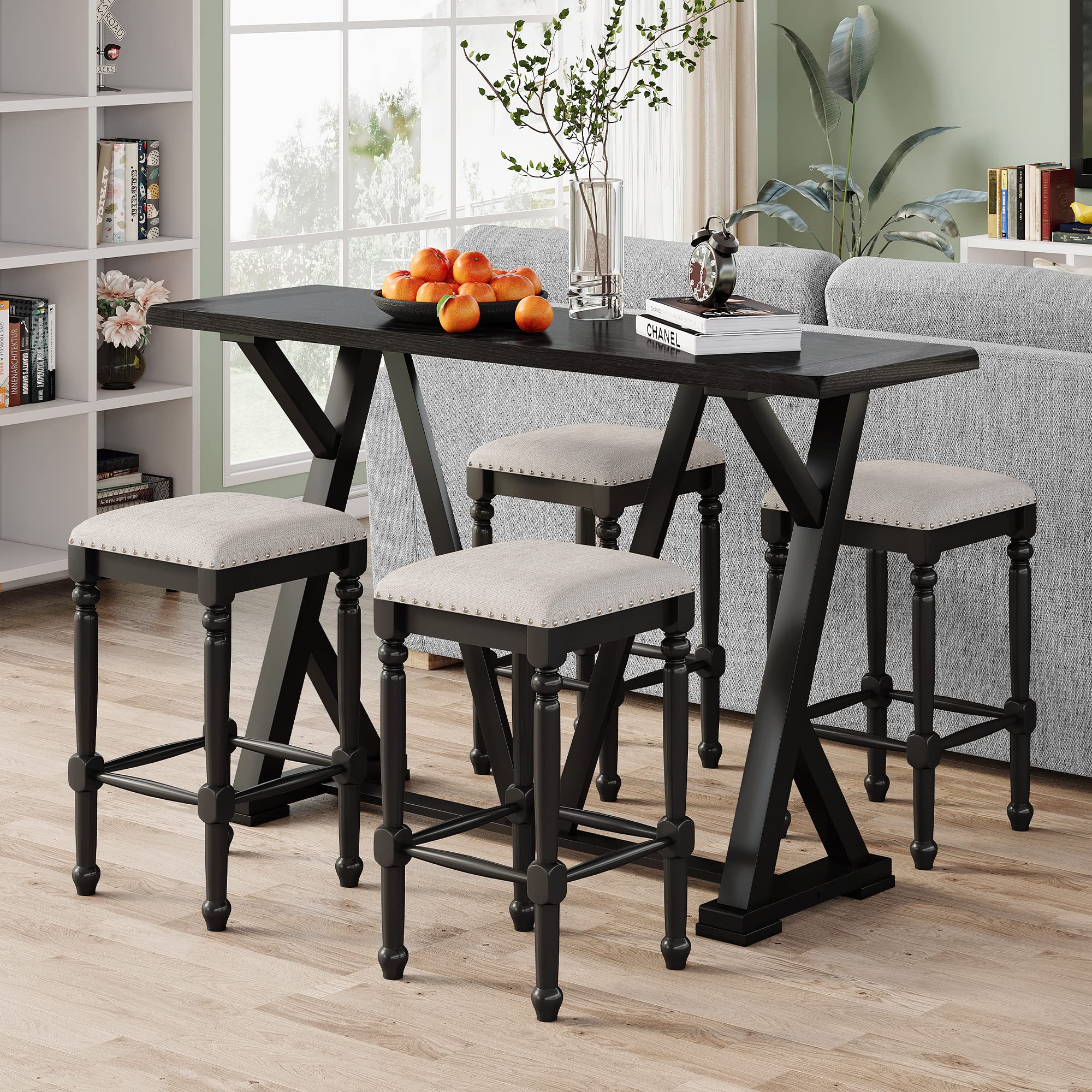 FIQHOME Extra Long Mid-Century 5-Piece Counter Height, Wood Console Bar Table Trestle Legs and 4 Upholstery Stools, Kitchen Dining Room Pub Set for Small Places,Black