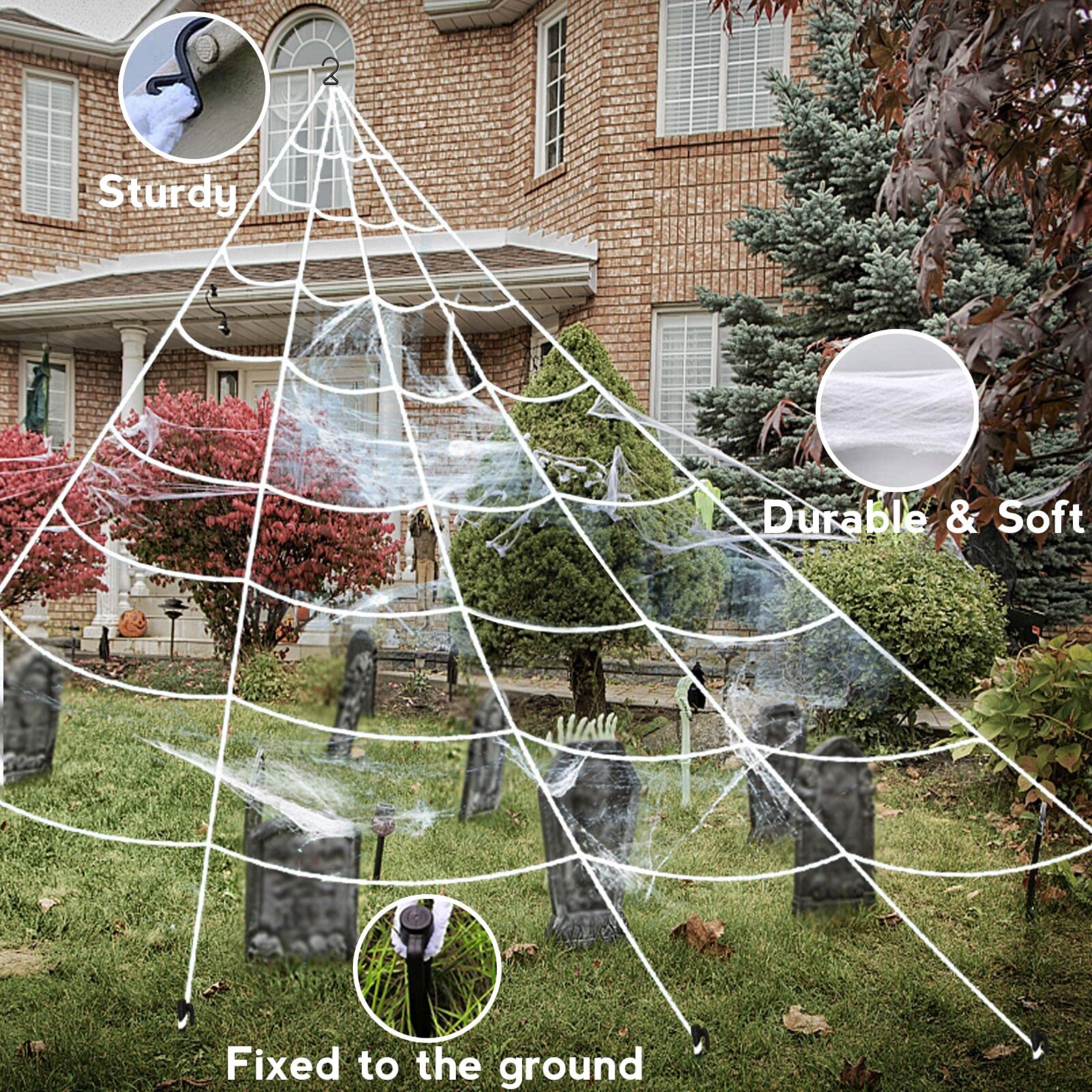 Halloween Decorations Outdoor 16 FT Giant Halloween Spider Web + 50" Large Spider, Triangular Huge Spider Web and Stretch Cobwebs Outdoor Halloween Decorations Yard Lawn Party Decor Props for Haunted