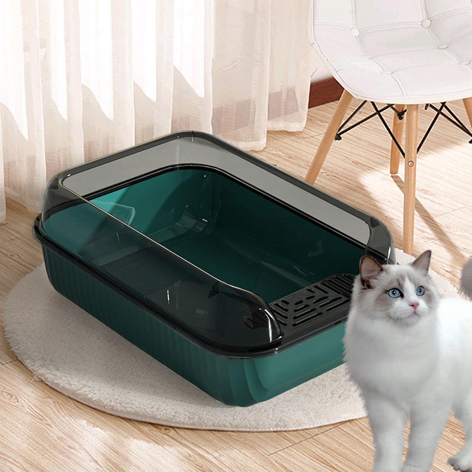 FAKEME Cat Litter Box,Cat Toilet,Tall Spray Shield, Large Detachable Sturdy High Sided Easy to Clean Kitty Litter Pan Cat Litter Tray Kitty, Green