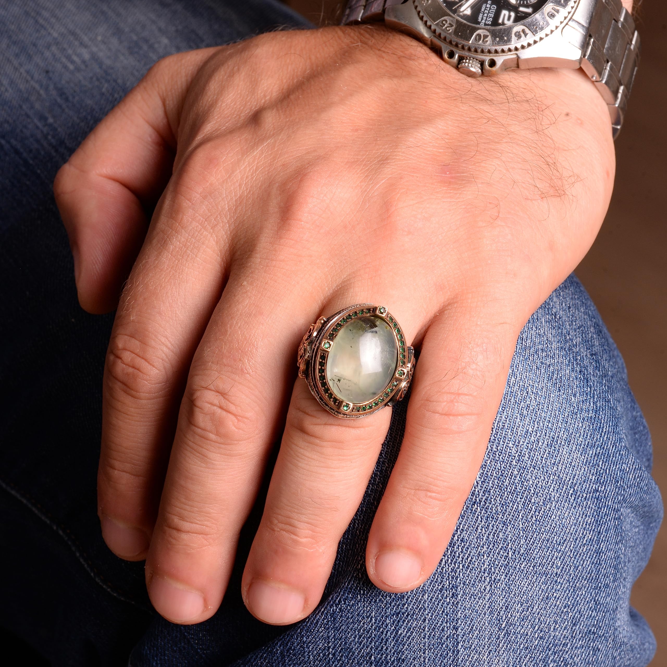 Falcon Jewelry Real Natural Jade Prehnite Gemstone Ring, 21.75 Carat, Jade Ring, 925 Sterling Silver Ring, Handmade Jewelry green