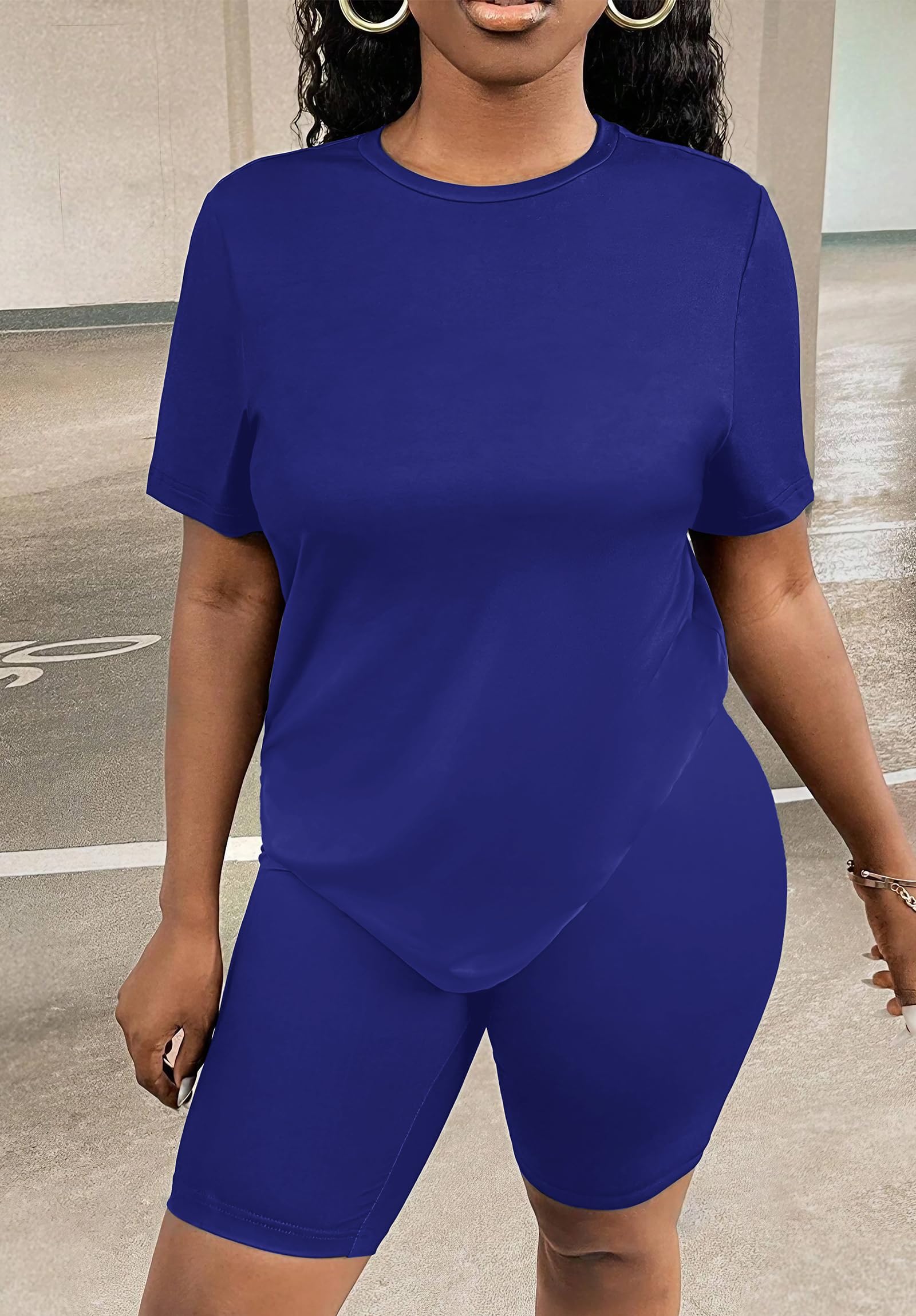 FANDEE Women's two piece outfit Bodycon Short Set T Shirt Plus Size Tracksuit Blue 3X-Large