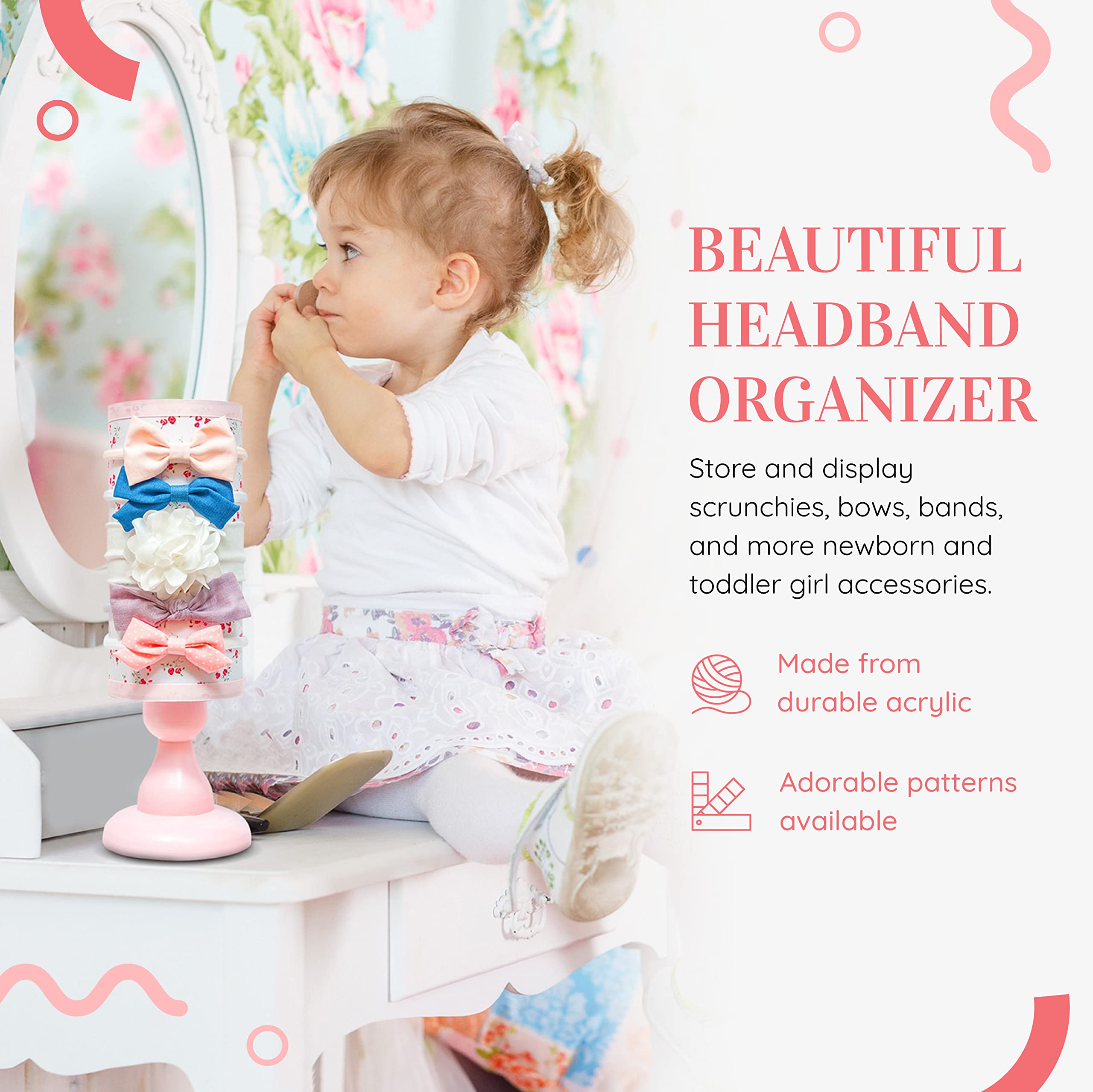 Elly & Emmy My First Headband Stand for Girls, Includes 5 Headbands, Pink with Floral Print