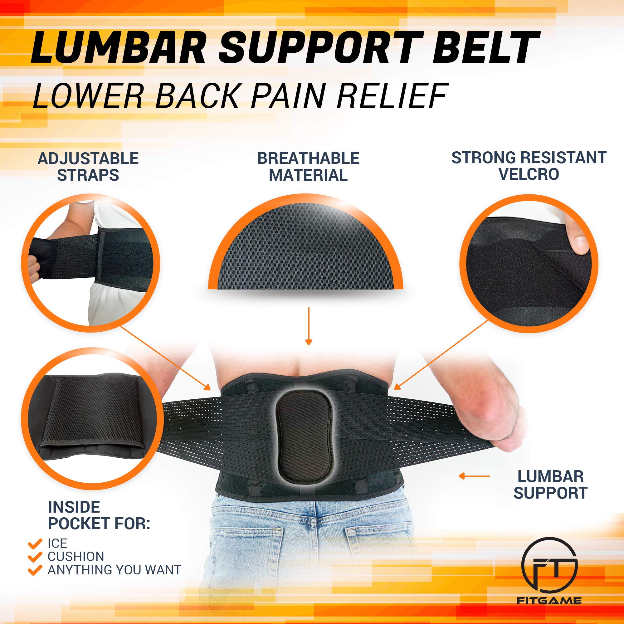 FITGAME Back Brace Lower Back Support Belt for Pain Relief | Sciatica, Herniated Disc and Scoliosis for Men and Women – Adjustable Straps and Removable Lumbar Pad