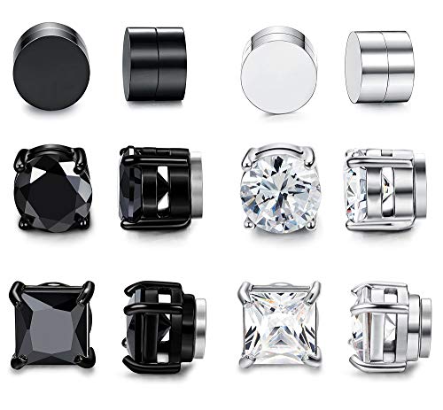 FIBO STEEL 6 Pairs Magnetic Stud Earring for Men Women Black CZ Magnet Non Pierced Clip On Earrings Set