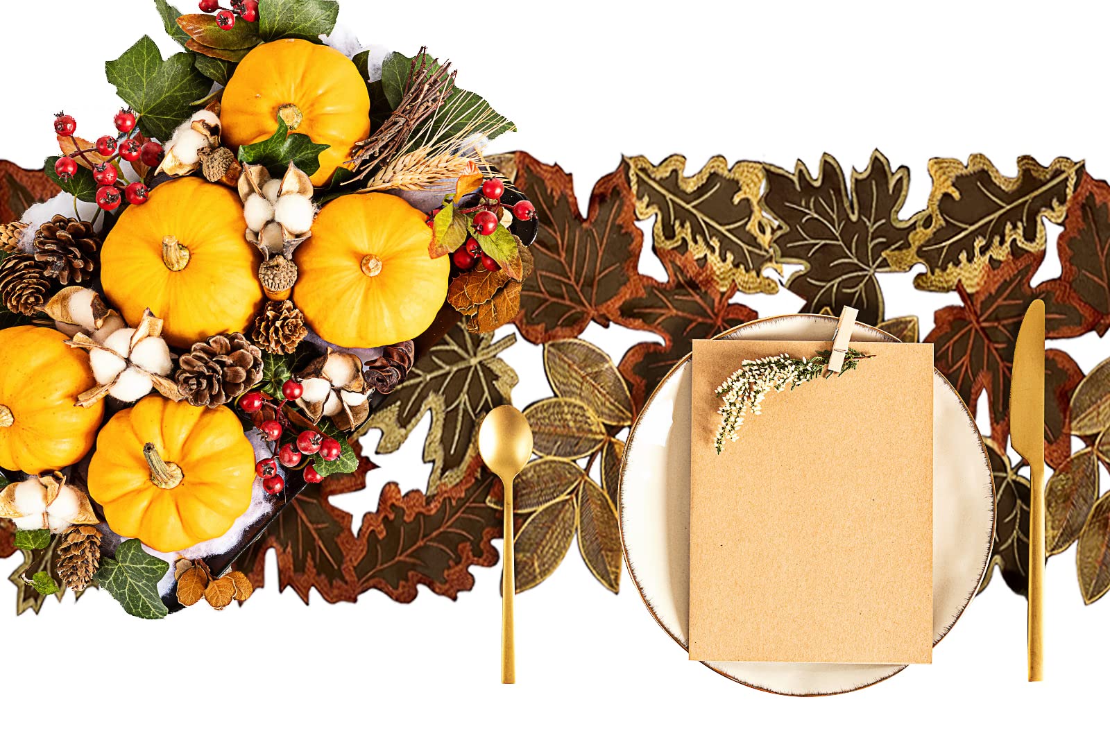 Fall Thanksgiving Table Runner with Embroidered Maple Leaves, Farmhouse Fall Thanksgiving Table Harvest Decor (13.7 × 86.6 inches)