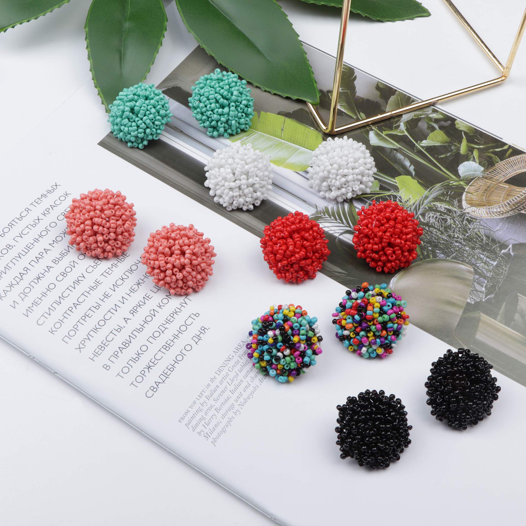 FIBO STEEL 6 Pairs Seed Beaded Stud Earrings Resin Bead Earrings For Women Bohemian Statement Cluster Rainbow Seed Beads Big Round Earrings