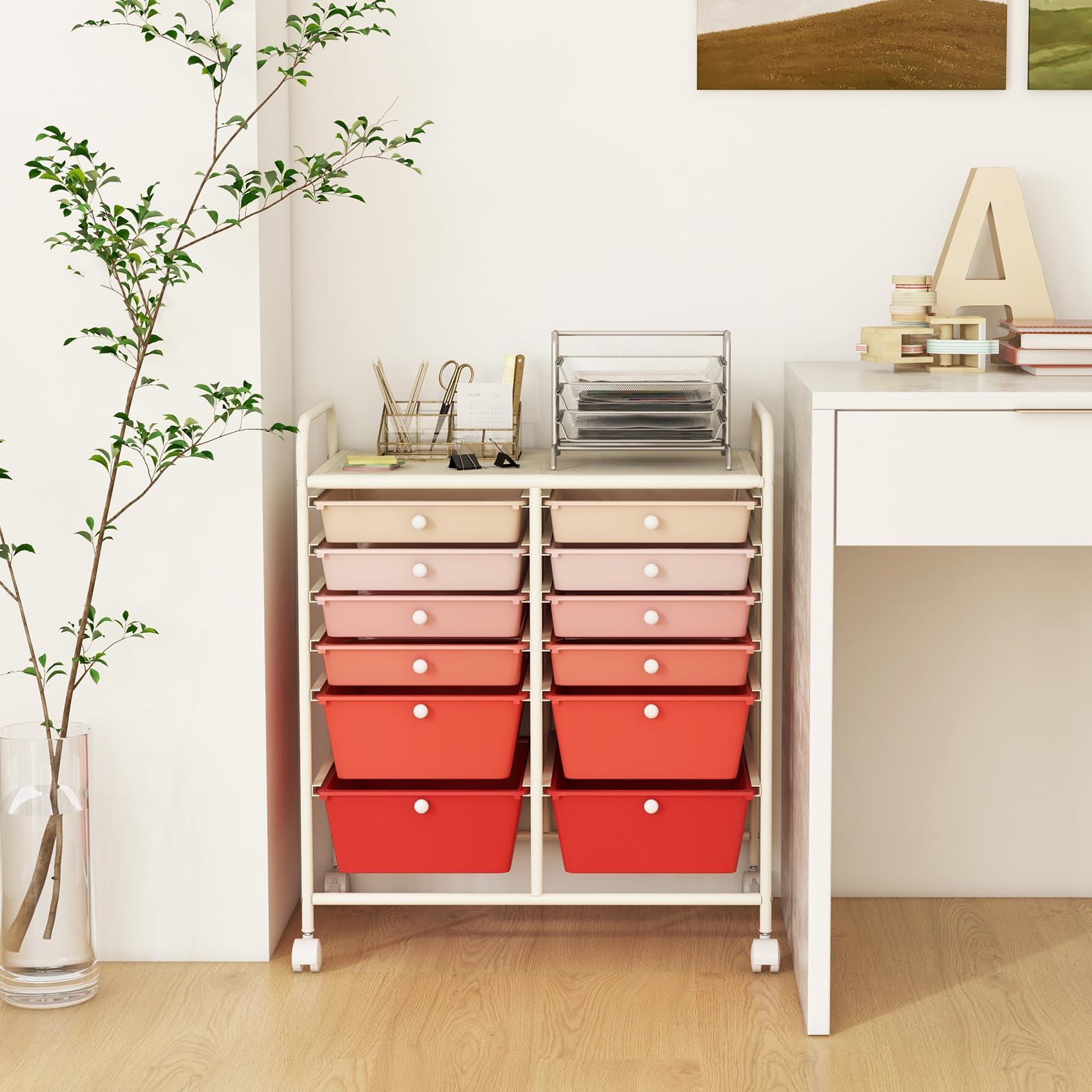 SILKYDRY 12 Drawer Rolling Storage Cart, Art Cart Organizer on Wheels, Mobile Utility Cart with Drawers, Multipurpose Craft Drawers for Home Office School Classroom (Mixed Pink)