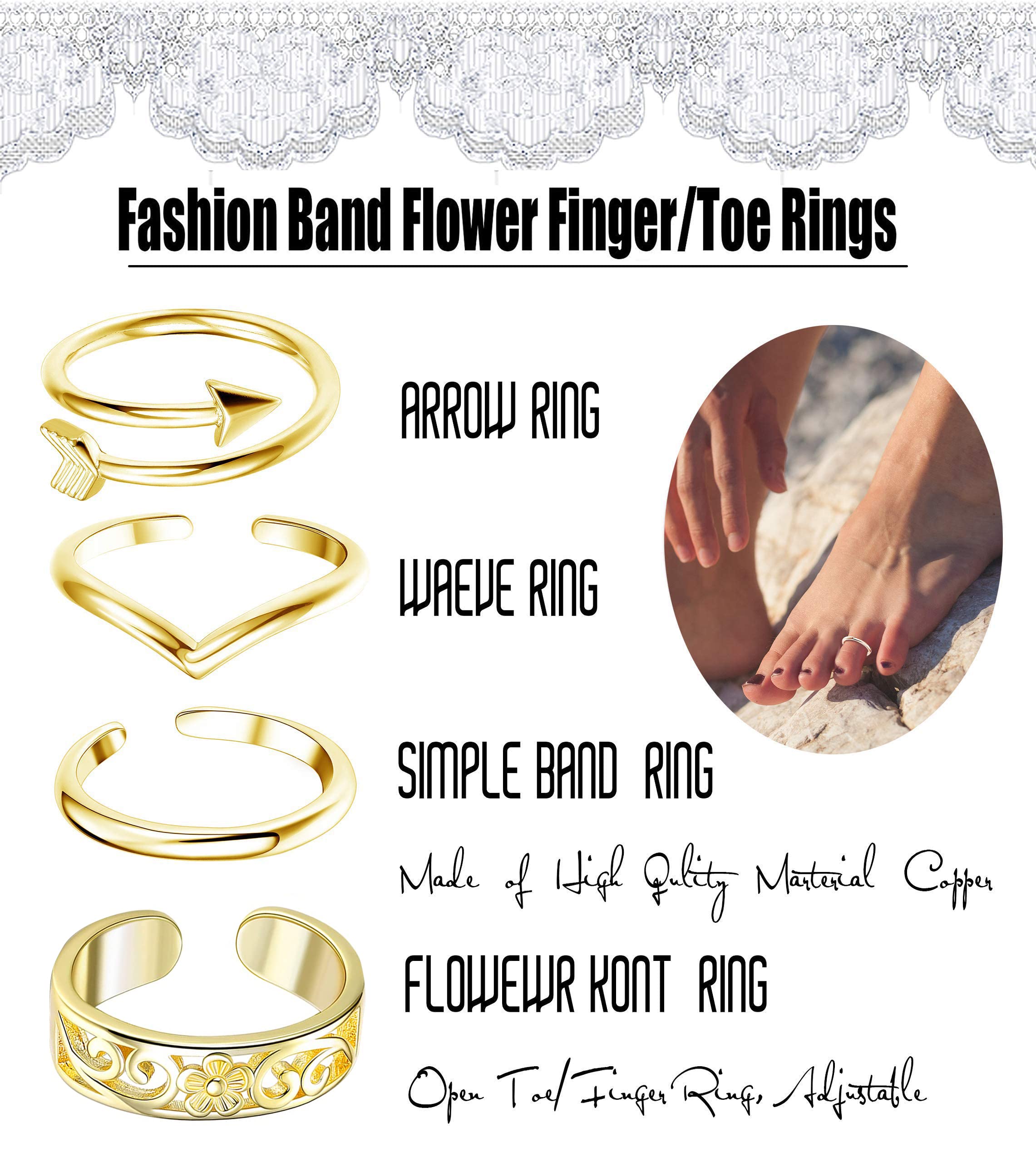 FIBO STEEL 7 Pcs Toe Rings for Women Flower Open Tail Ring Adjustable Gold-Tone