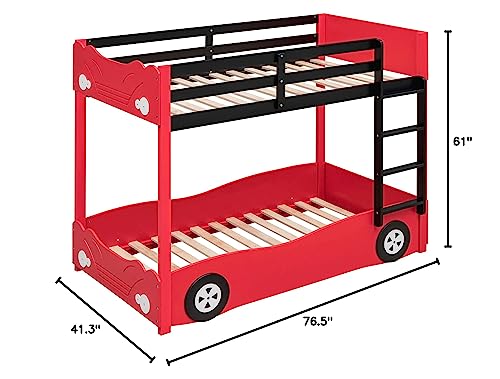 OYN Twin Over Twin Car-Shaped Bunk Bed Frame with Wheels for Children Teens Boys and Girls, Red