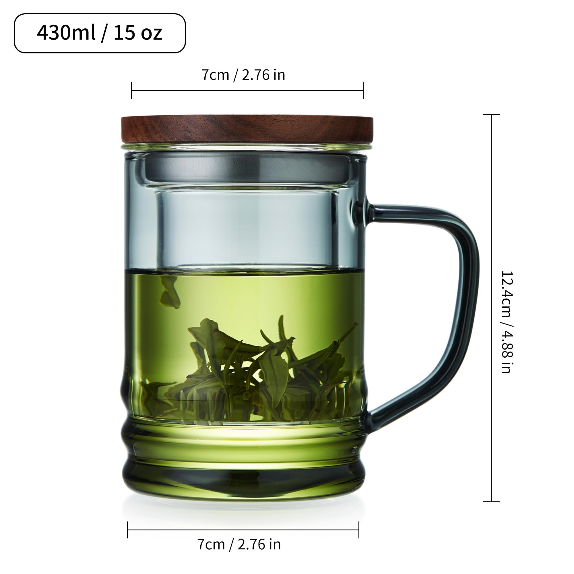 Unbreakable Glass Tea Cup with Infuser and Lid - 15oz Tea Mug for Loose Leaf Tea, Infusion Mug with Glass Filter and Wooden Lid