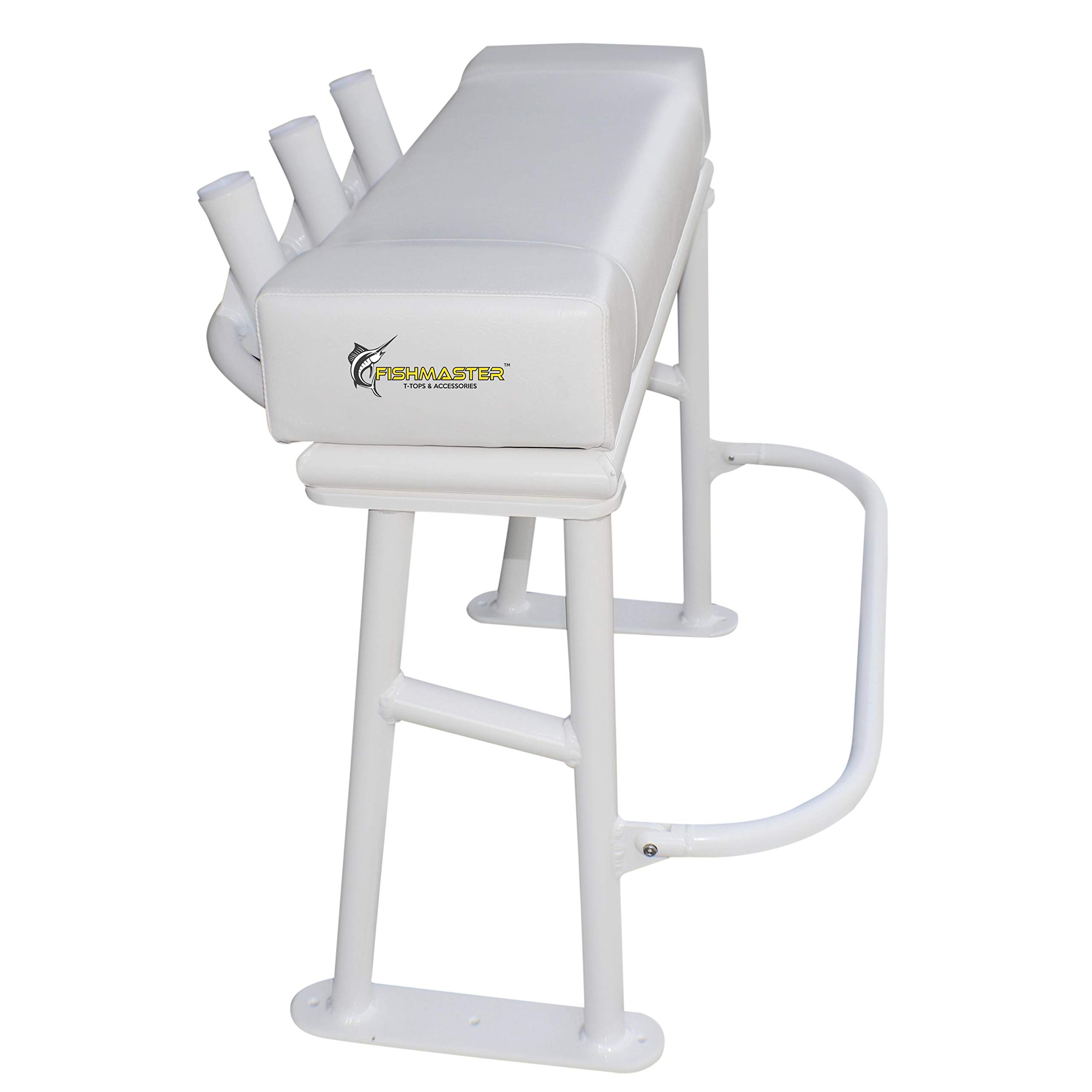 Fishmaster Original Leaning Post for Center Console Fishing Boats β Three Rocket Launcher Rod Holders, Rectractable Footrest, Flow Through Foam β White Upholstery/White Powder Coat