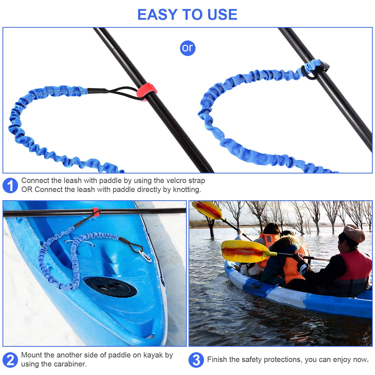 FIRINER Stretchable Kayak Paddle Leash 2 Pack 3.6ft Coiled Rod Leashes with D-Shape Carabiner Bungee Cord for Kayaking Canoe Surfboard Fishing Pole