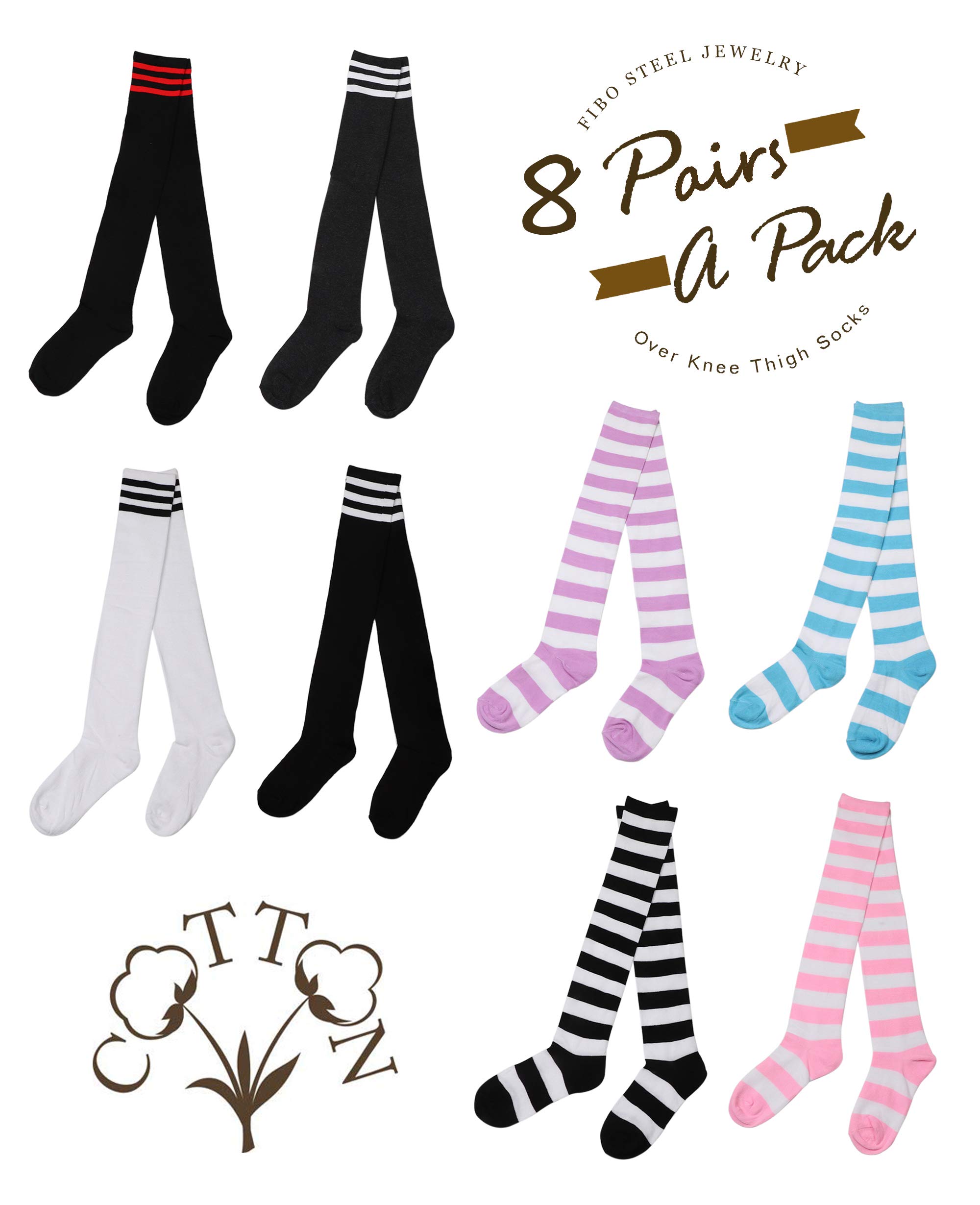 FIBO STEEL 6-8 Pairs Long Thigh High Socks for Women Striped Knee High Leg Warmers
