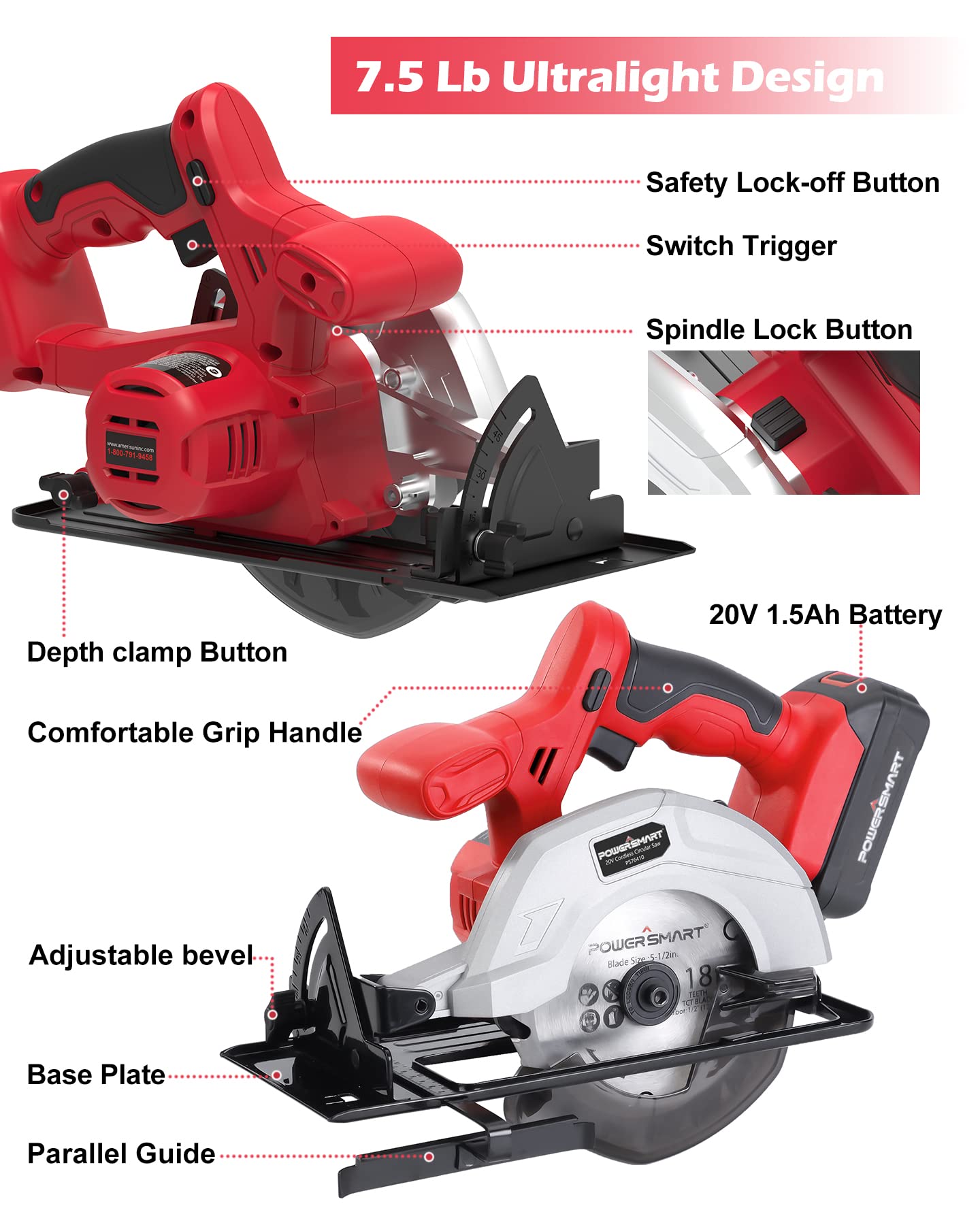 PowerSmart 20V 6-1/2 Inch Cordless Circular Saw with 4.0Ah Battery and Fast Charger, 4300 RPM, Laser & Parallel Guide, 2 Blades
