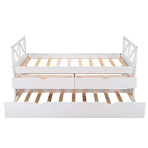 OYN Wooden Twin Multi-Functional Daybed Frame Set with X Headboard,Storage Drawers and Trundle for Children Teen Boys and Girls, White