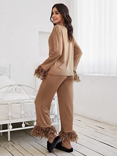 WDIRARA Women's Sleepwear 2 Piece Fuzzy Trim Button Down Long Sleeve and Pants Pj Set Camel M