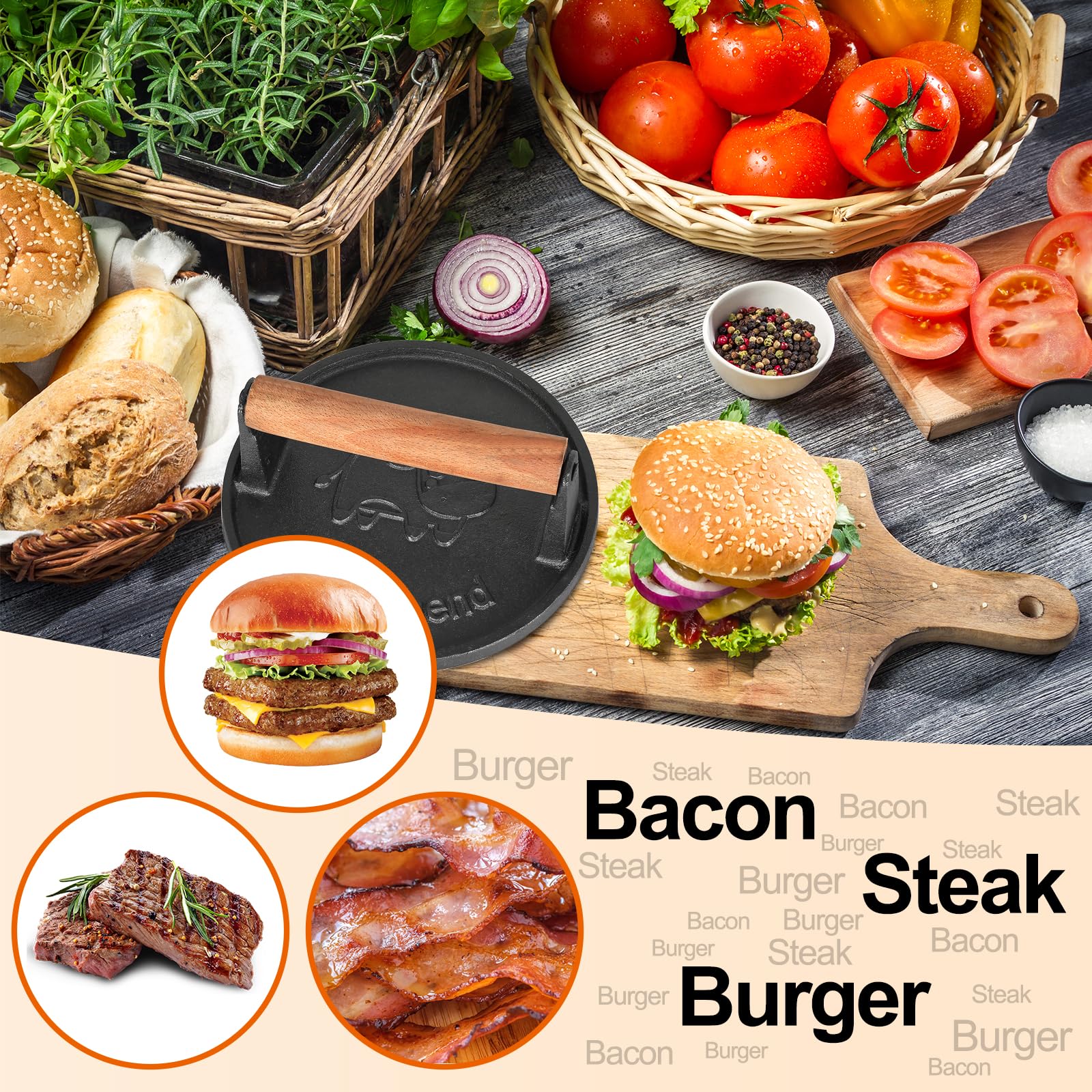 Finderomend Hamburger Press,Cast Iron Grill Press,Heavy Duty Smash Meat,Bacon,Steak & Burger Press with Wooden Handle for Blackstone Pitboss Weber Treager Griddle (Calf-Round 3)